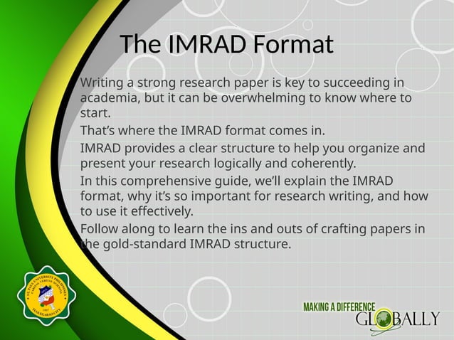 1. PowerPoint Template for DCC 301 The IMRAD Format (Mutmainna, Amriati).pptx | Science