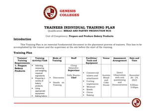 1.-Trainees-Individual-Training-Plan 3RD..docx | Desserts and Baking ...