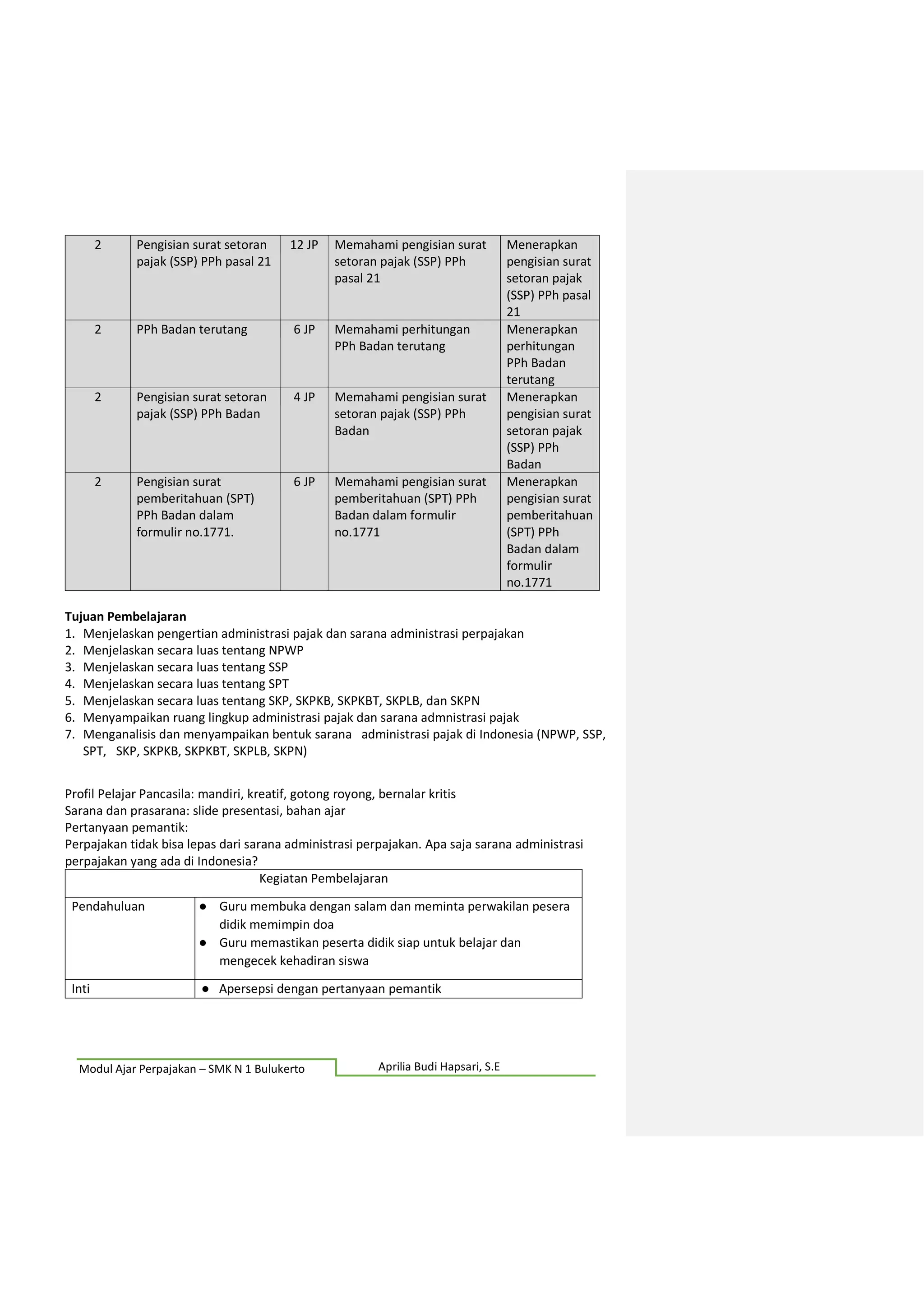 MODUL AJAR PERPAJAKAN Kelas XI Kurikulum merdeka | PDF