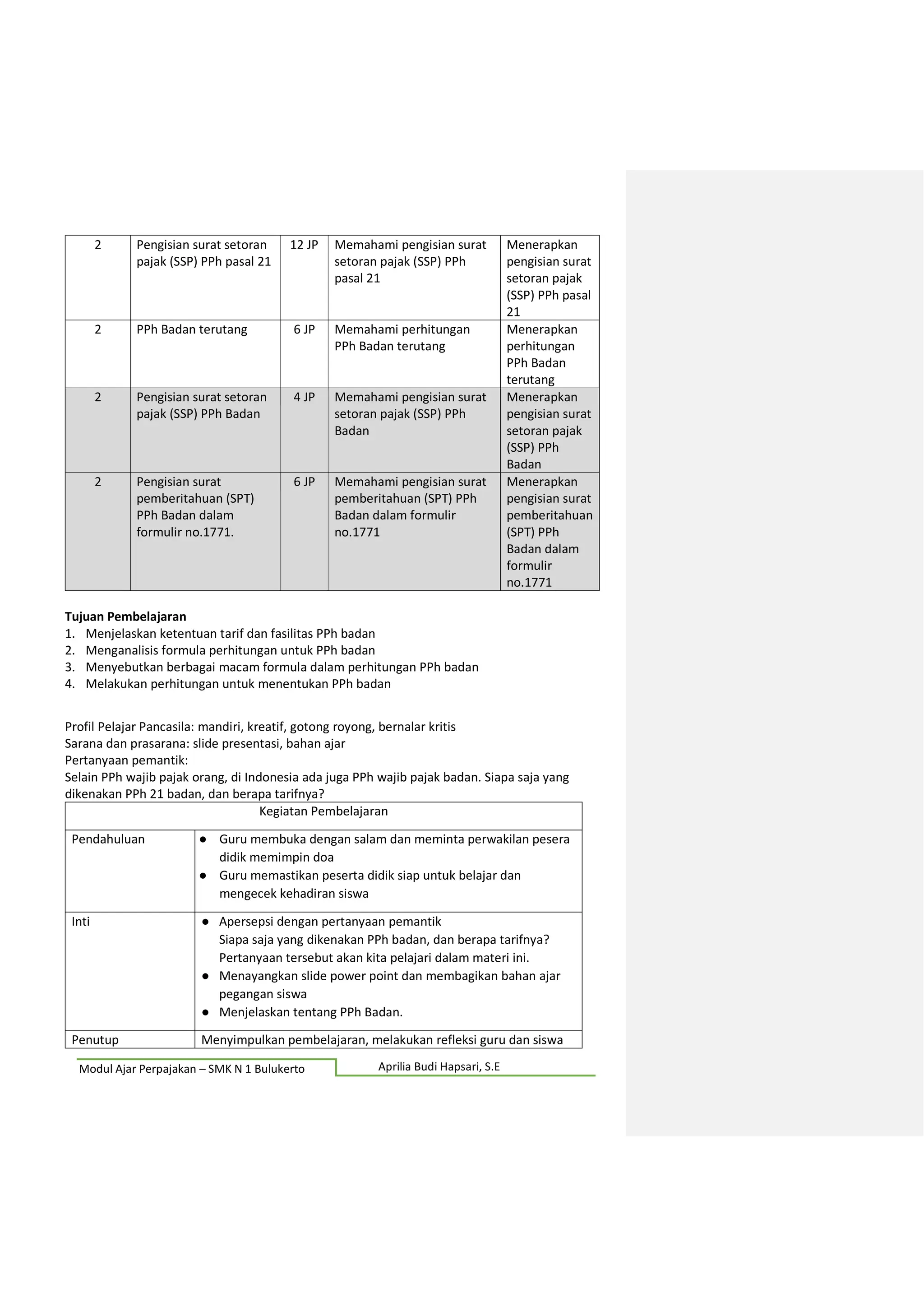 MODUL AJAR PERPAJAKAN Kelas XI Kurikulum merdeka | PDF