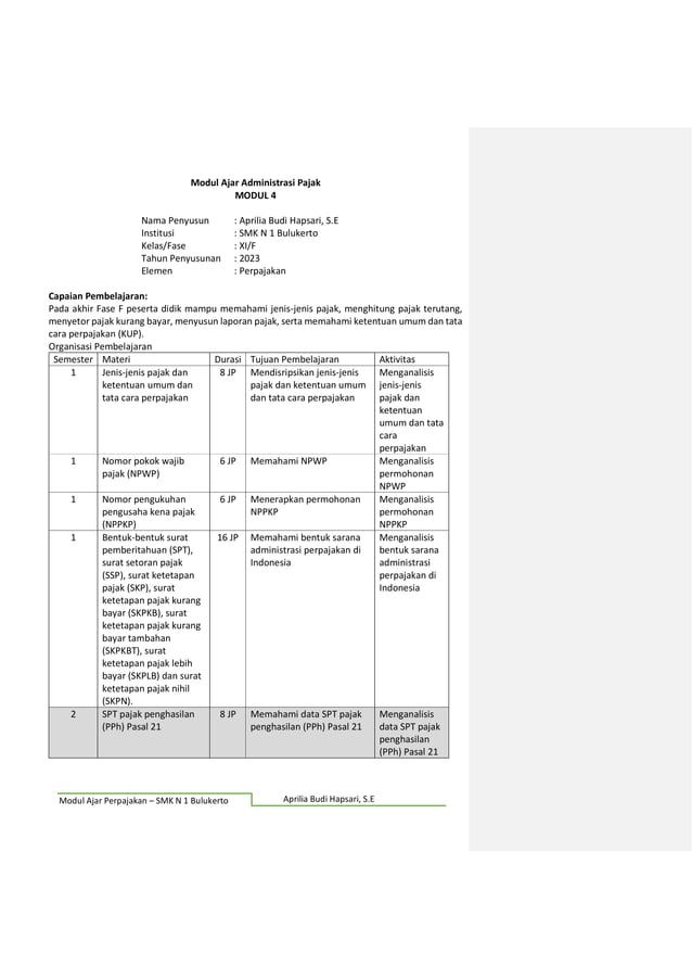 MODUL AJAR PERPAJAKAN Kelas XI Kurikulum merdeka | PDF