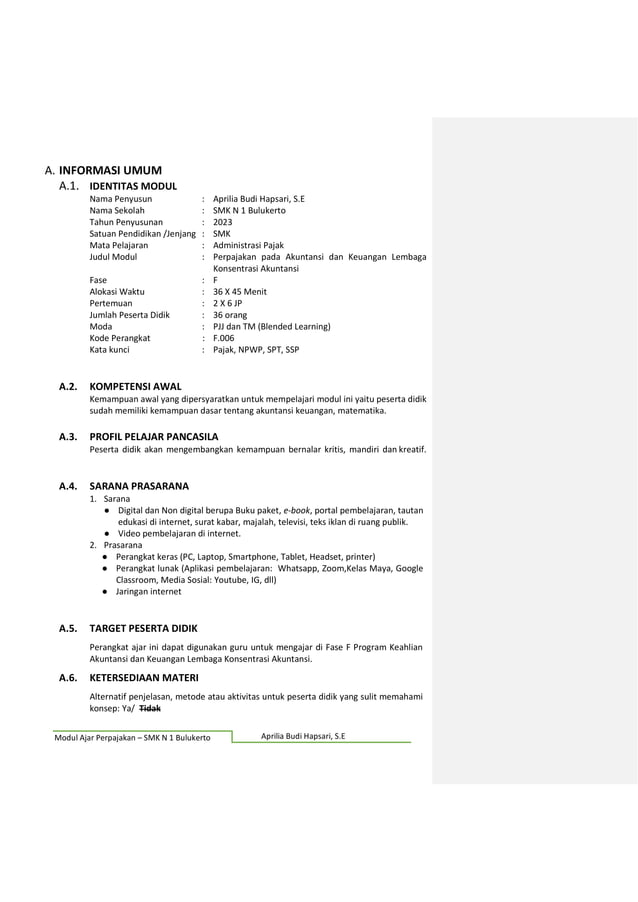 MODUL AJAR PERPAJAKAN Kelas XI Kurikulum merdeka | PDF