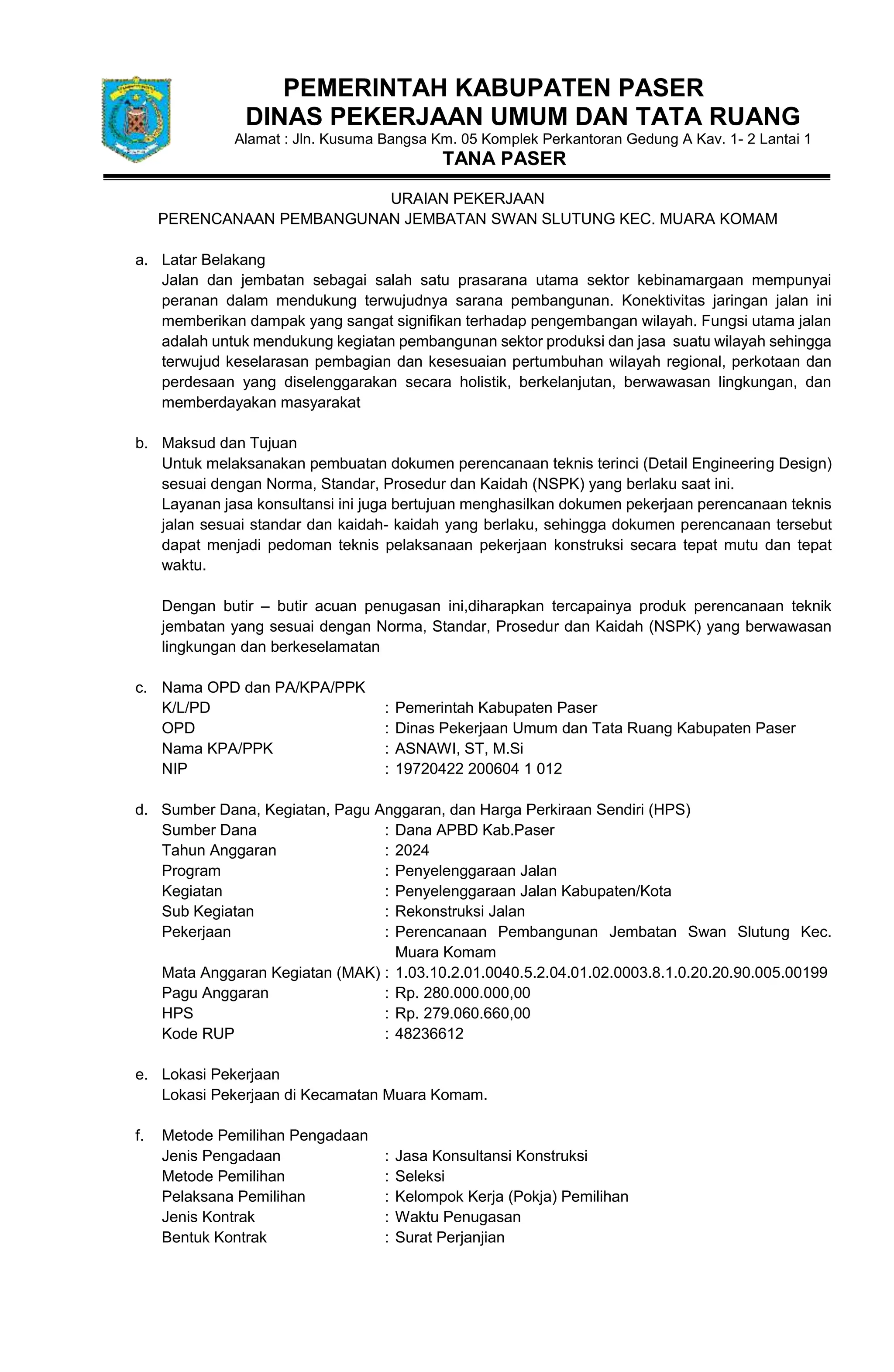 1. Uraian Pekerjaan Jasa Konsultansi Perencanaan Pemb. Jembatan Swan Slutung.pdf