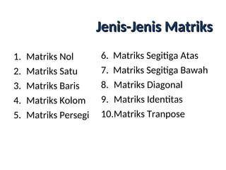 Pengertian matriks, jenis, operasi, determinan, invers matriks | PPT