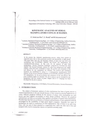 Kinematic analysis of Serial manipulators using D-H matrix | PDF