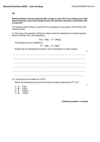 Ionic bonding exam questions for revisions | PDF