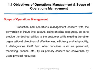 1.1 Objectives of Operations Management & Scope of Operations ...