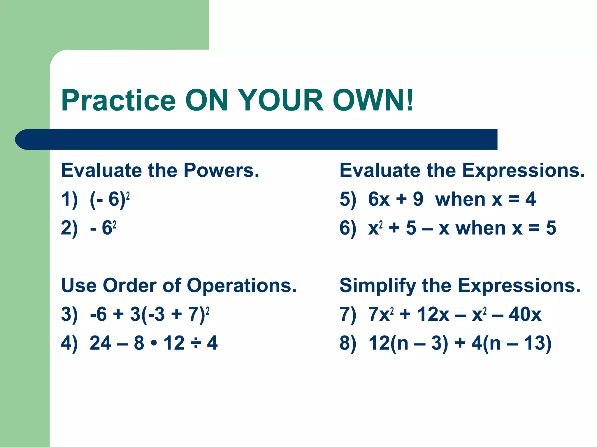1.2 algebraic expressions and models | PPT