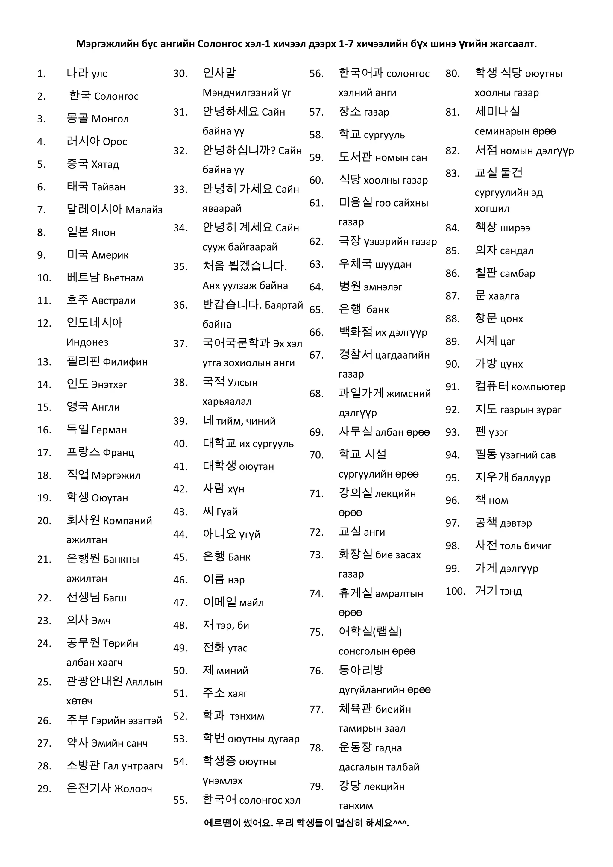 Мэргэжлийн бус ангийн солонгос хэл бүх шинэ үг 1 7 хичээл Docx