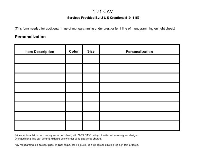 1-71 CAV apparel order forms