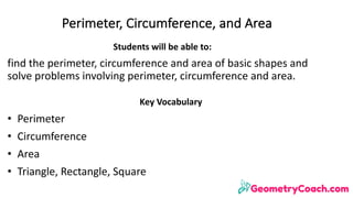 1-8 Perimeter, Circumference, and Area | PDF