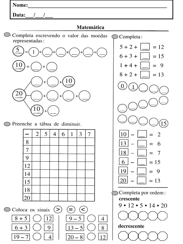 1.º ano fichas matemática | PDF