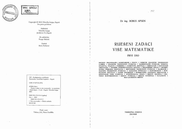 1.apsen riješeni-zadaci-više-matematike-prvi-dio-boris-apsen-2003 | PDF