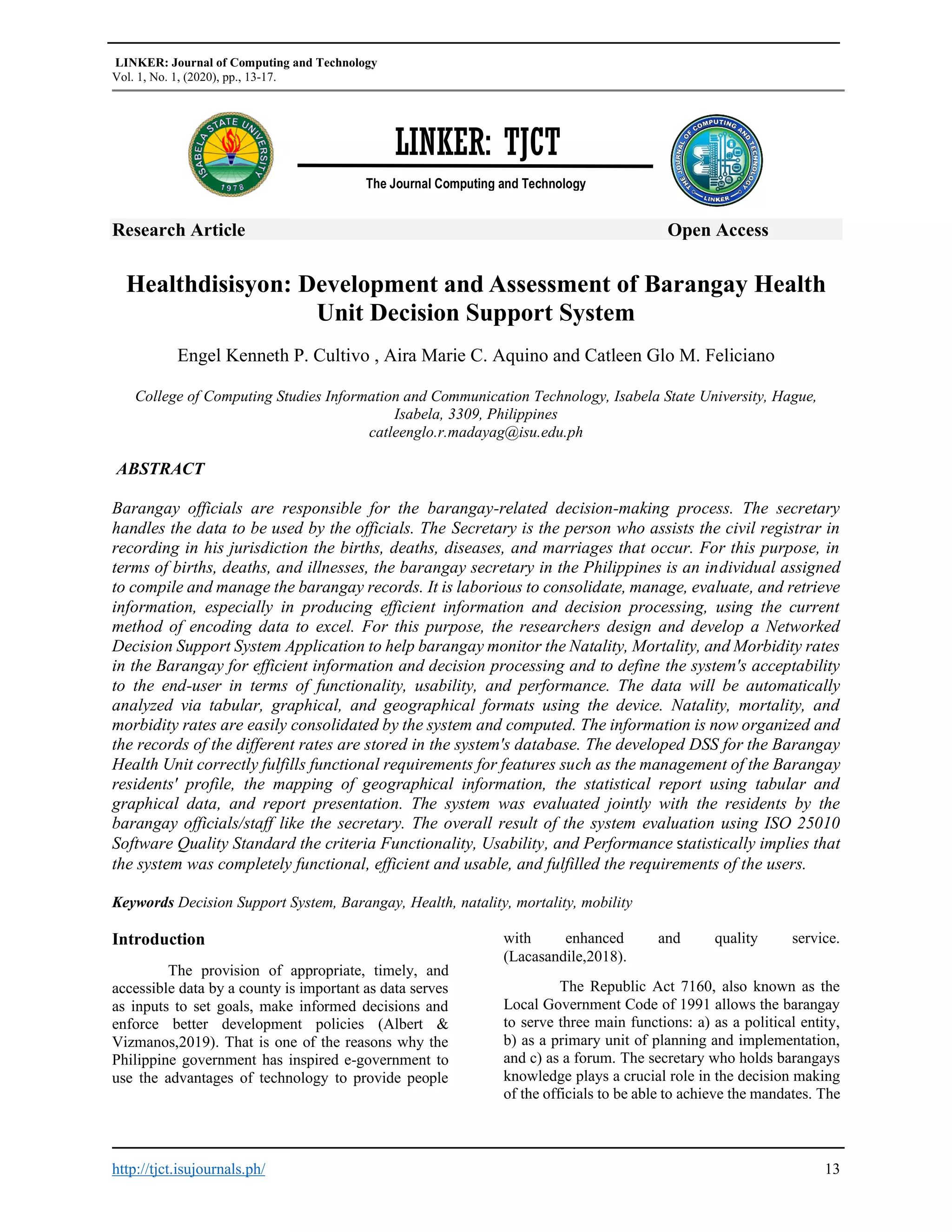 Healthdisisyon: Development and Assessment of Barangay Health Unit ...
