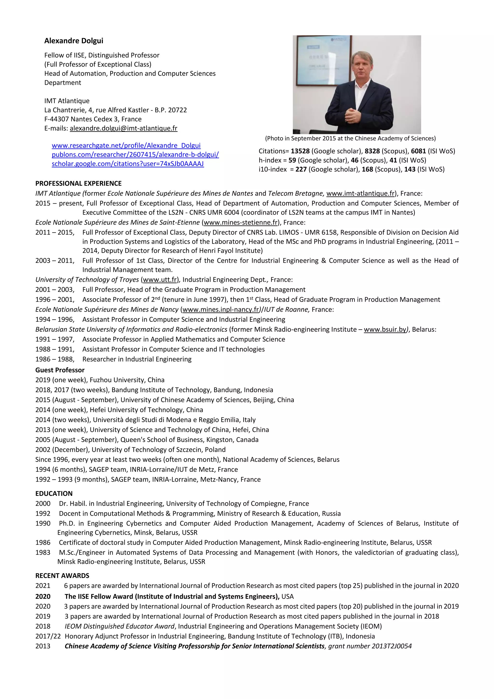 Curriculum vitae prof alexandre dolgui | PDF | Mechanical and ...