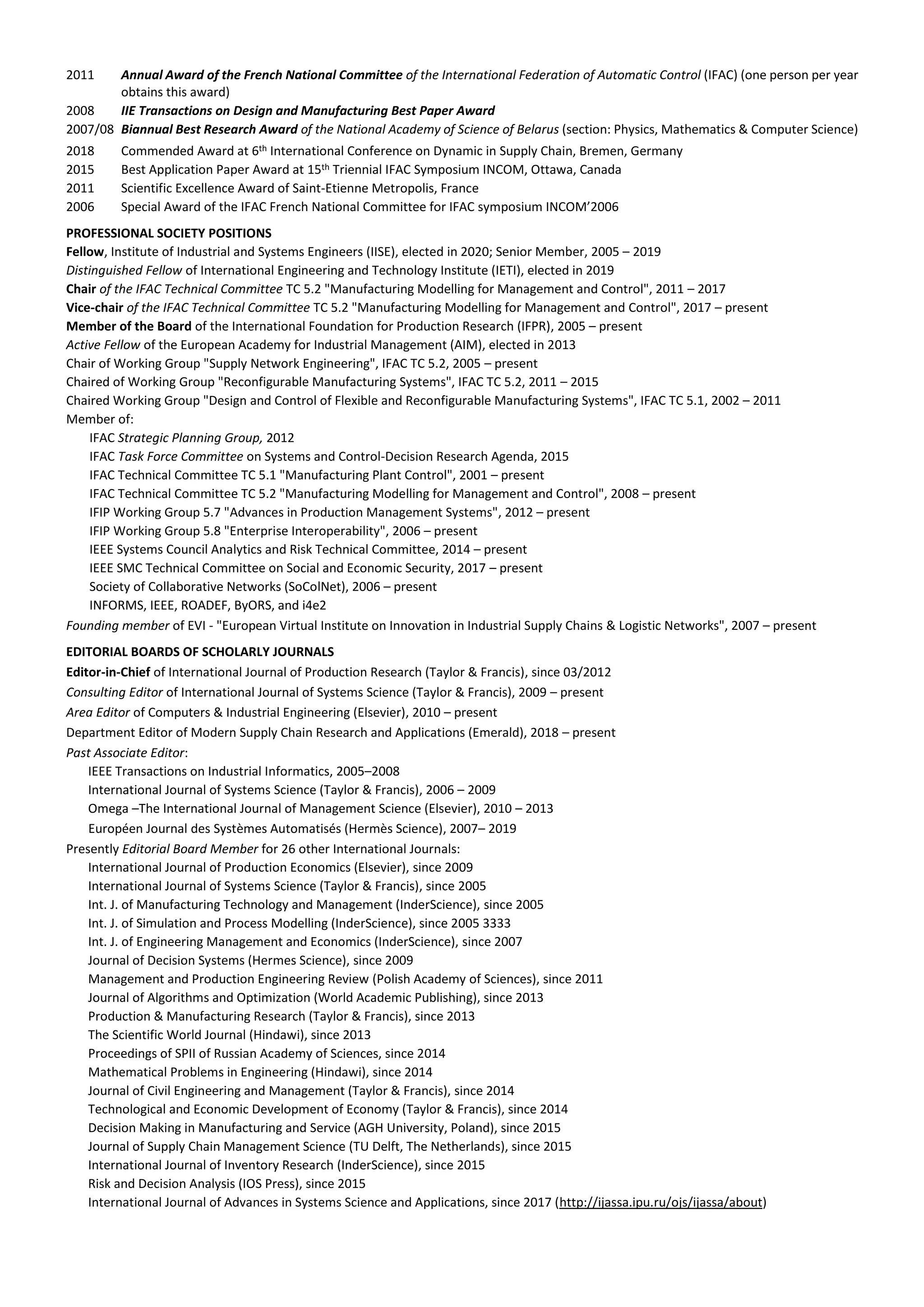 Curriculum vitae prof alexandre dolgui | PDF | Mechanical and ...