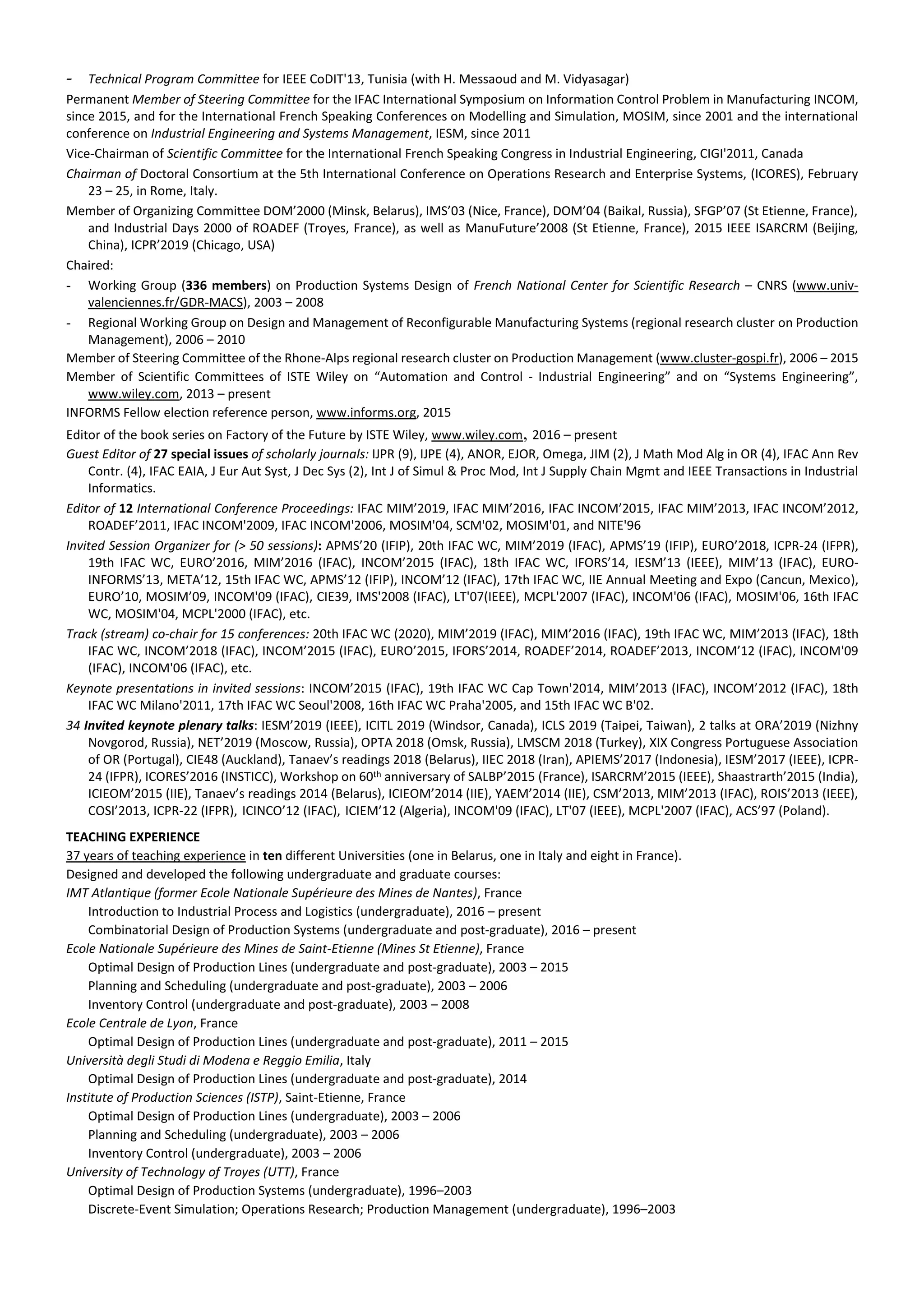 Curriculum vitae prof alexandre dolgui | PDF | Mechanical and ...