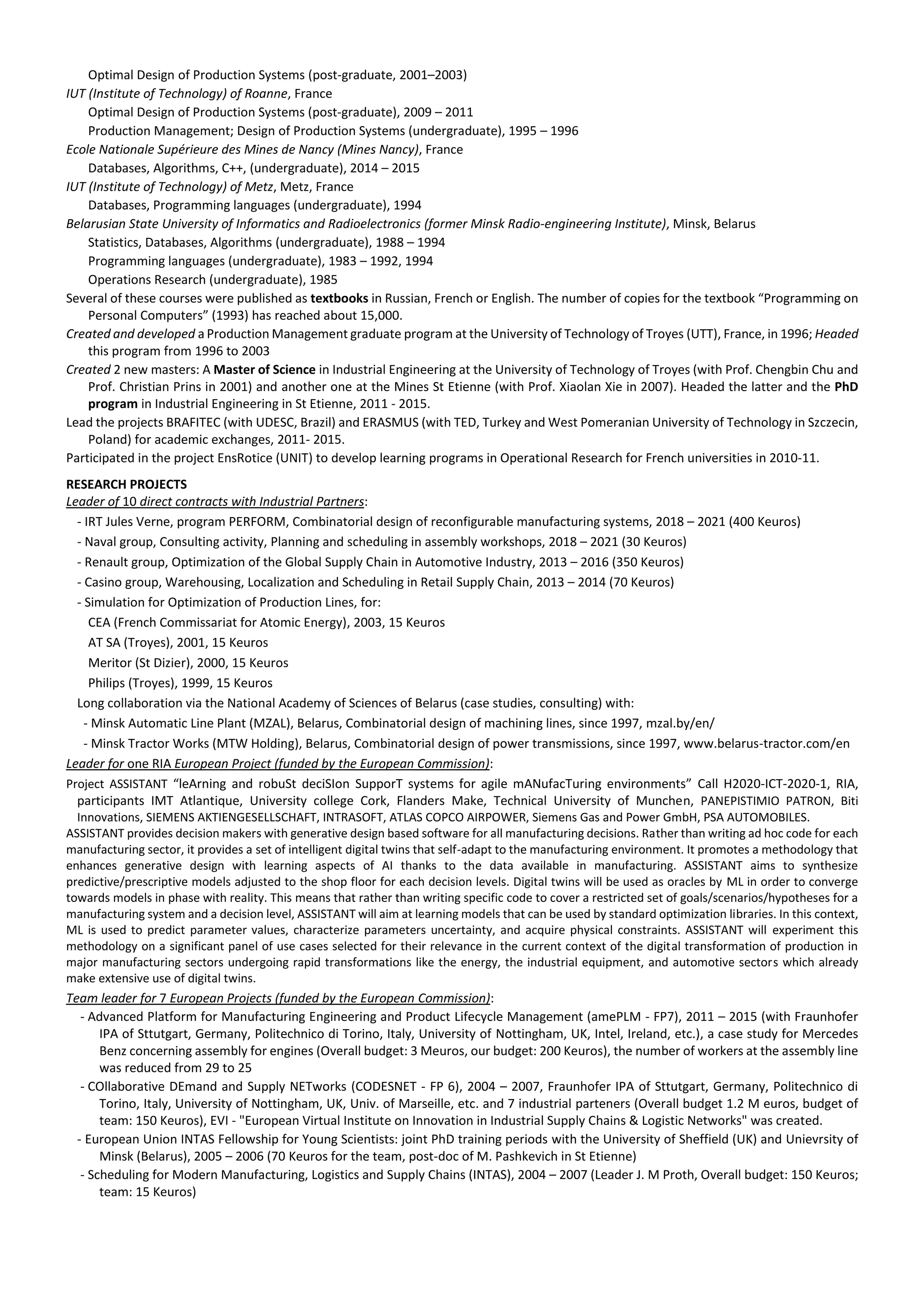 Curriculum vitae prof alexandre dolgui | PDF | Mechanical and ...
