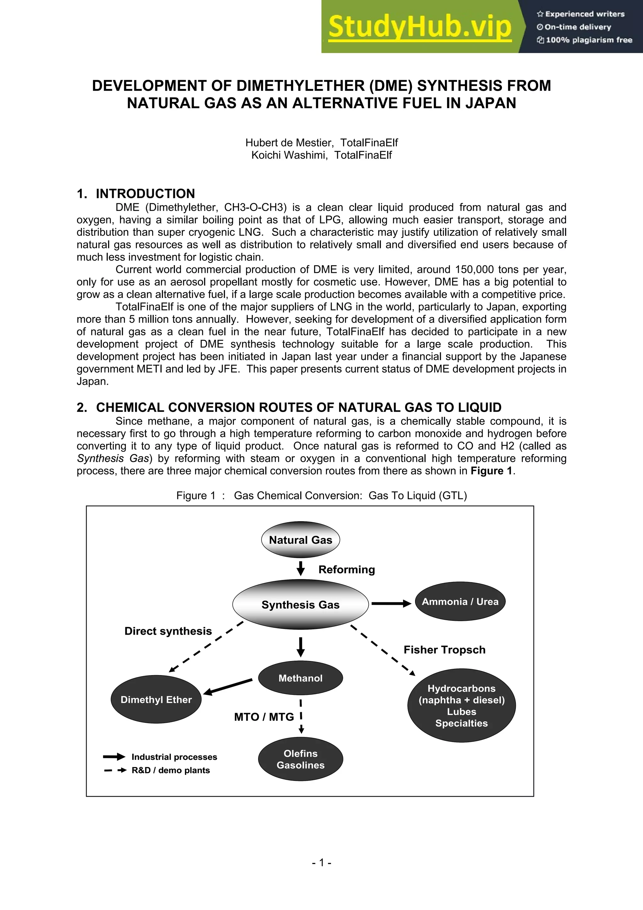 1-DEVELOPMENT of Dimethylether ( Dme ) Synthesis from Natural Gas as an ...