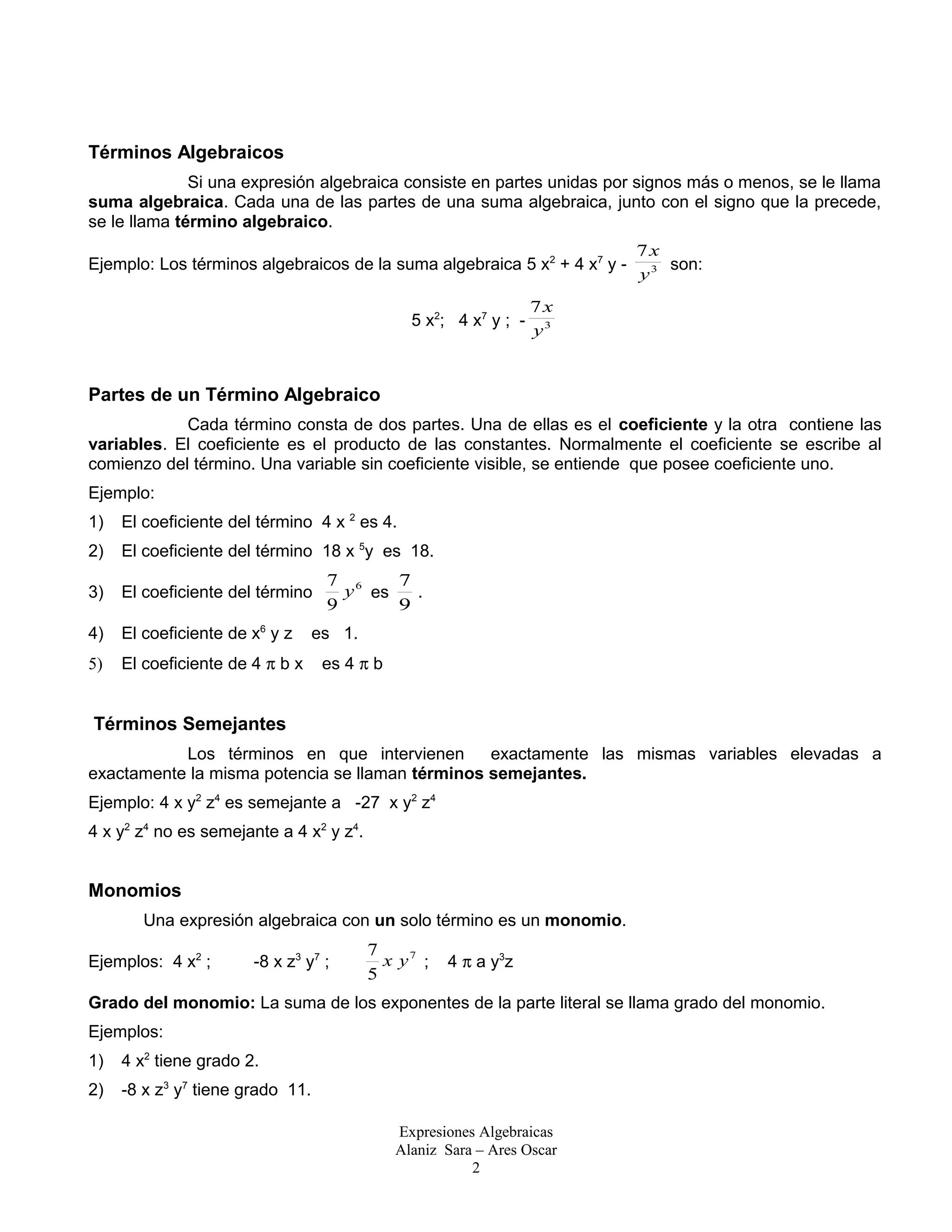 Expresiones algebraicas | DOC