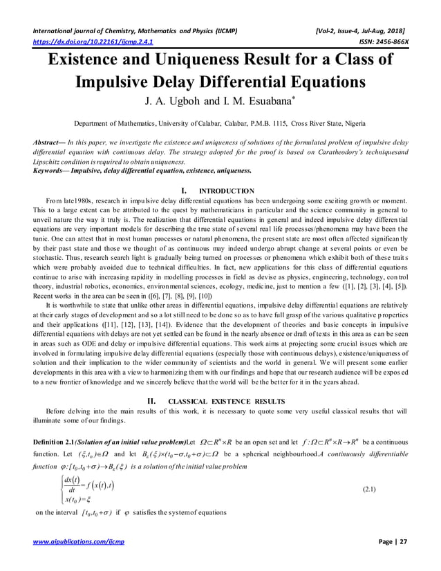 Existence and Uniqueness Result for a Class of Impulsive Delay Differential Equations | PDF