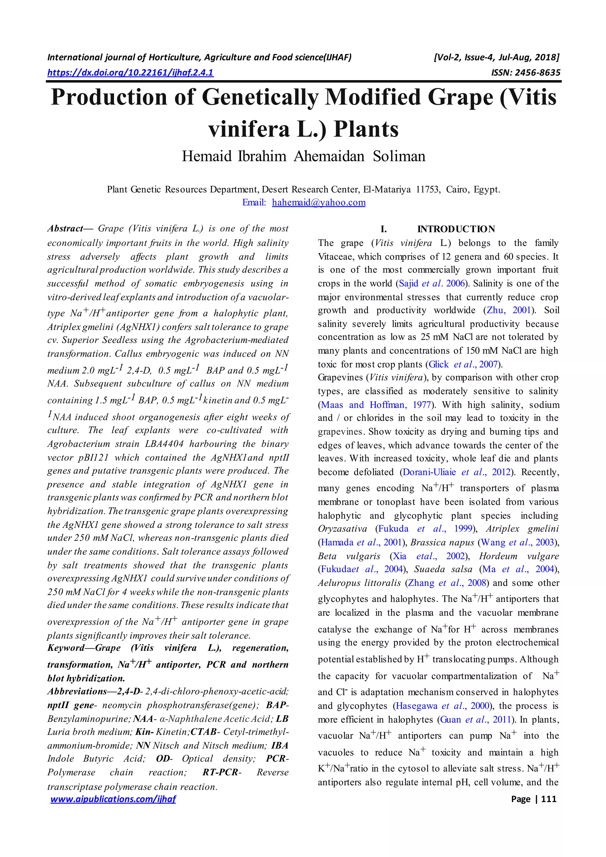 Production of Genetically Modified Grape (Vitis vinifera L.) Plants | PDF