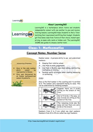 Mathematics Concept Notes with Number Sense for Class - 1 | PDF | Education
