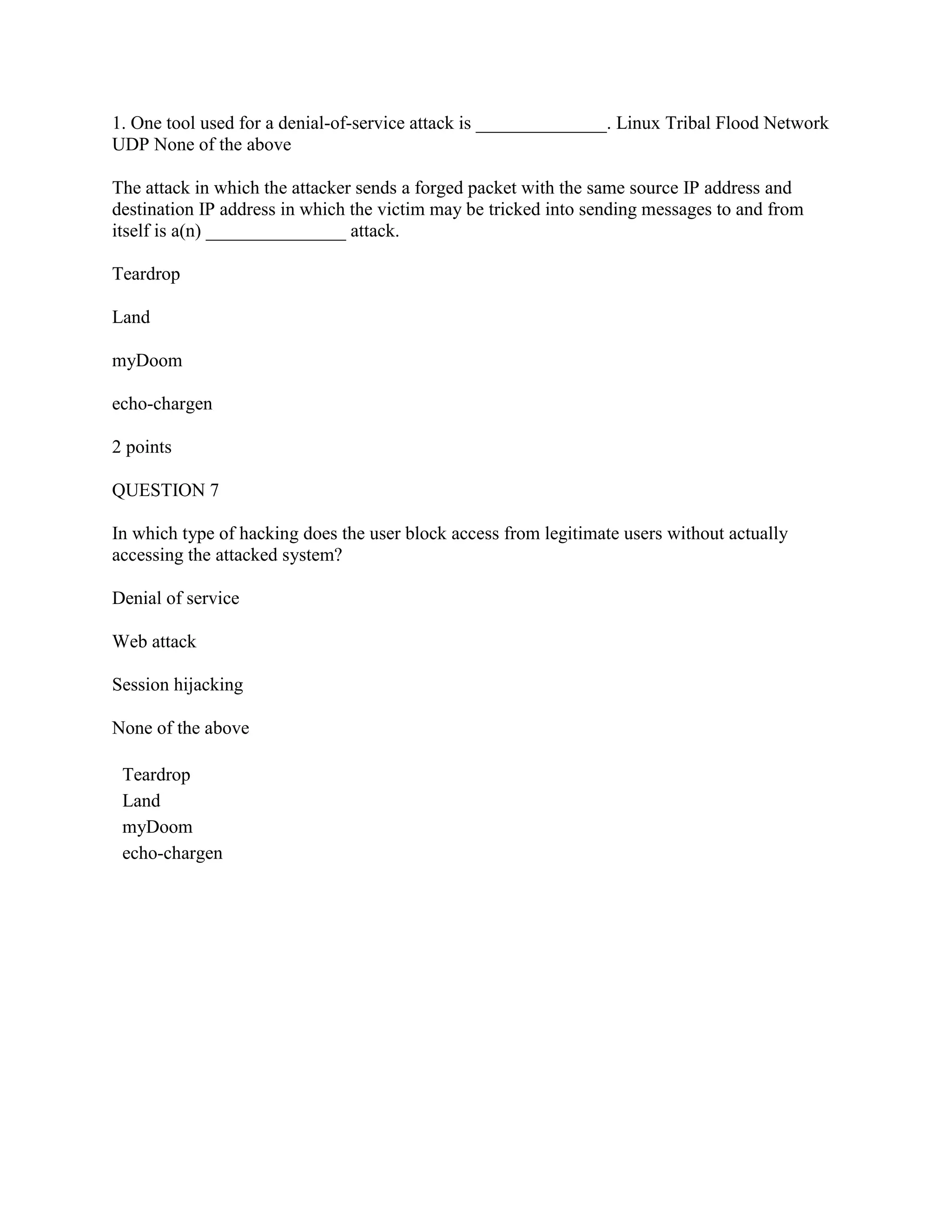 1- One tool used for a denial-of-service attack is ______________- Lin.docx