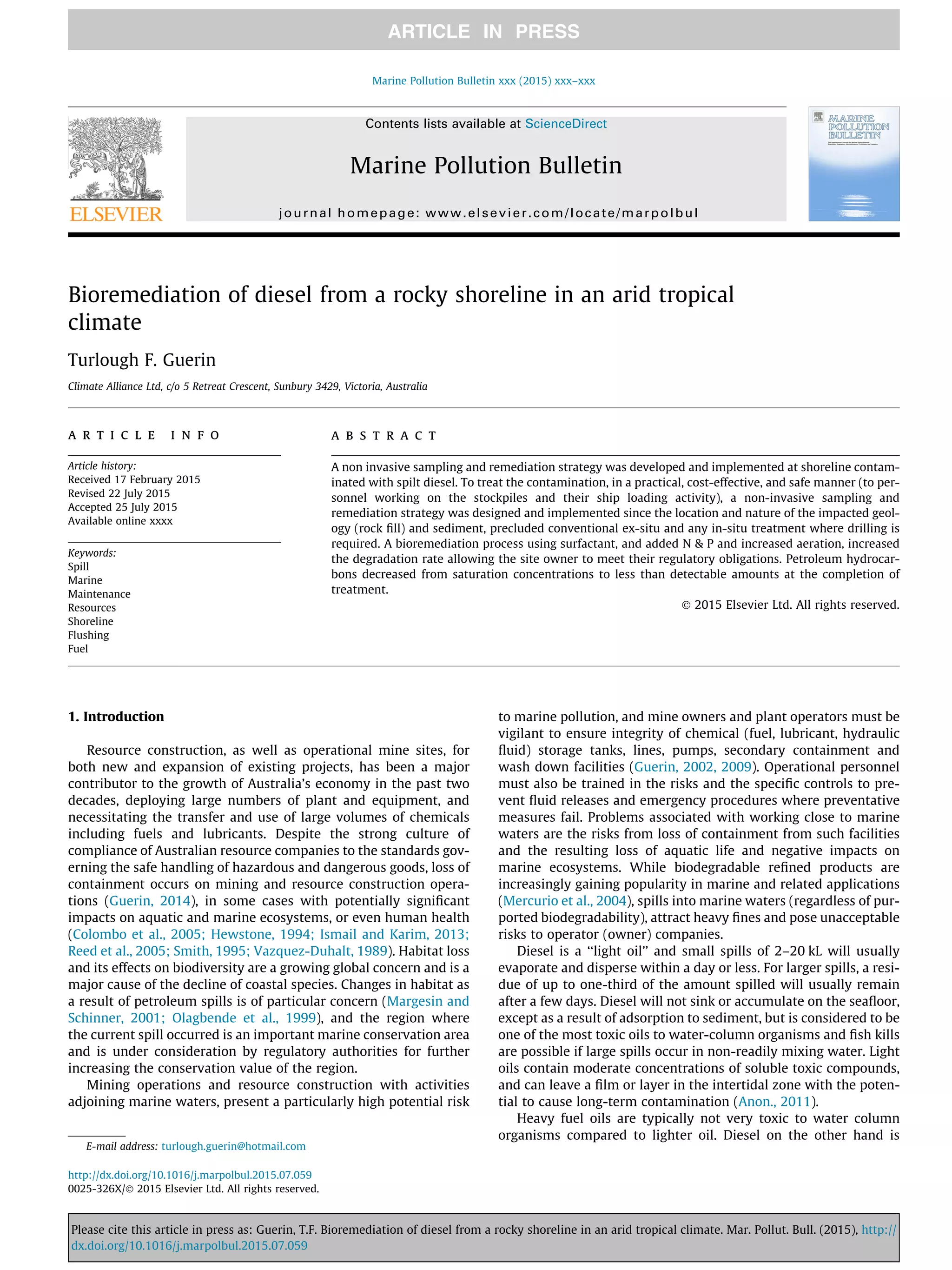 Bioremediation of diesel from a rocky shoreline in an arid tropical ...