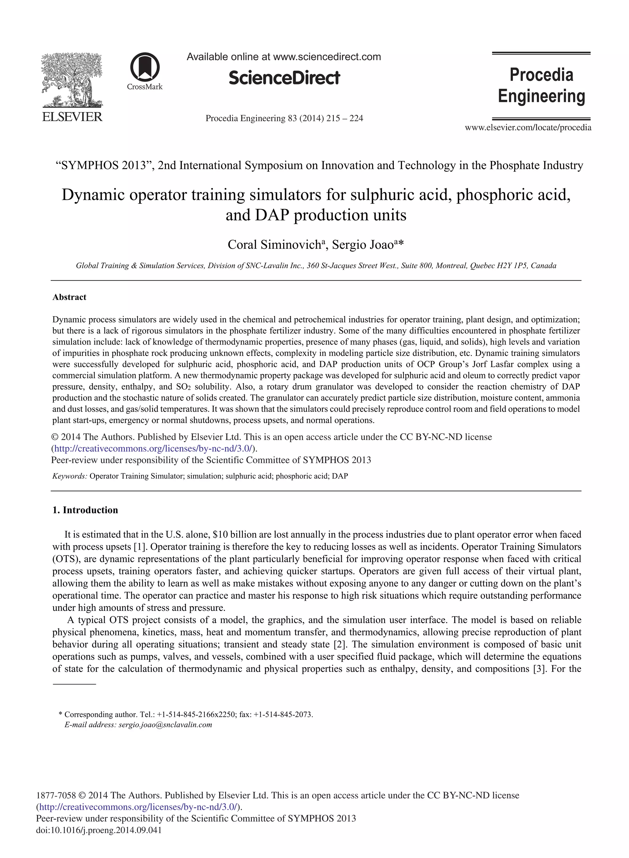 Dynamic operator training simulators for sulphuric acid, phosphoric acid, and DAP production ...