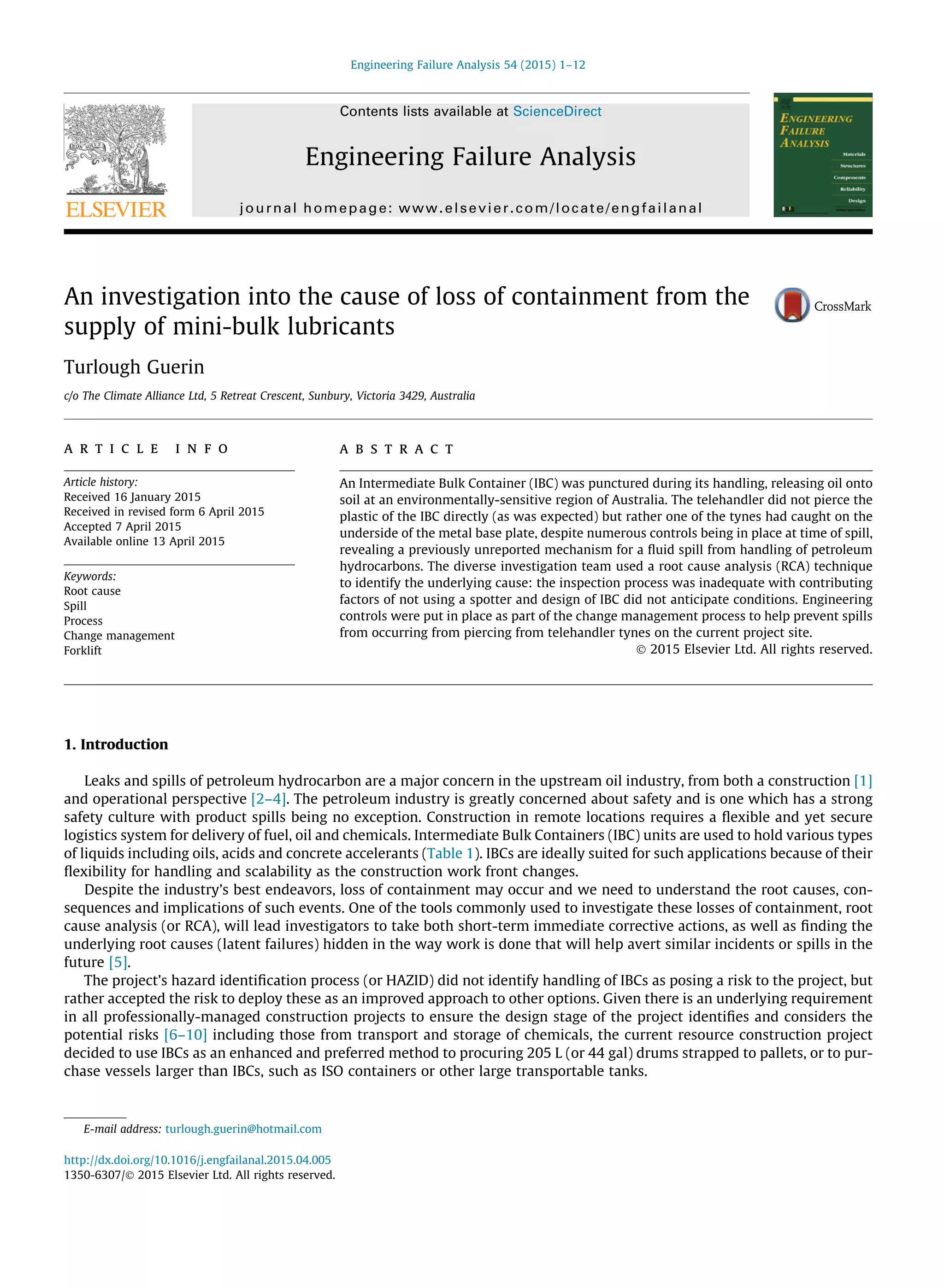 An investigation into the cause of loss of containment from the supply ...