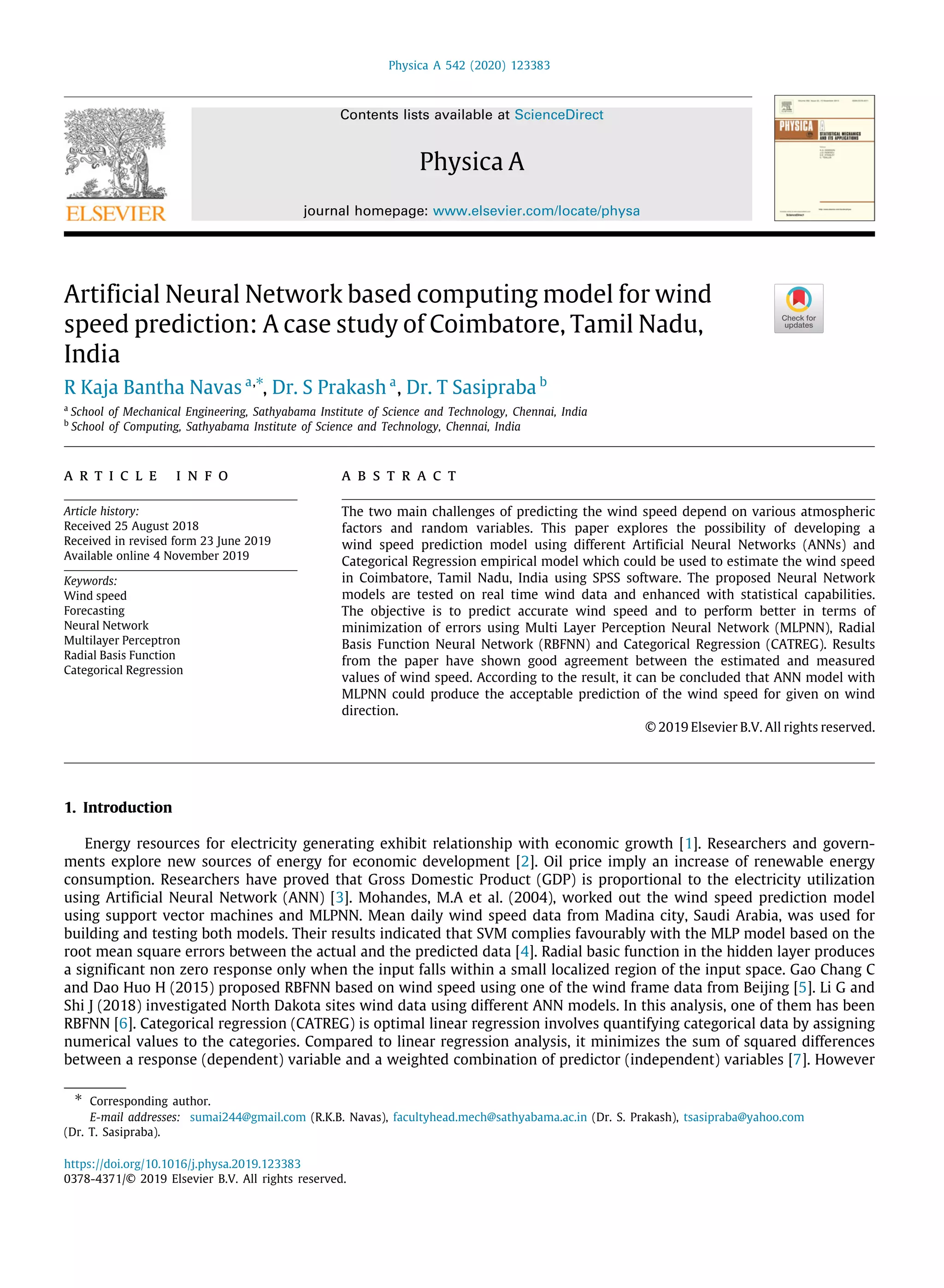 Artificial Neural Network Based Computing Model For Wind Speed
