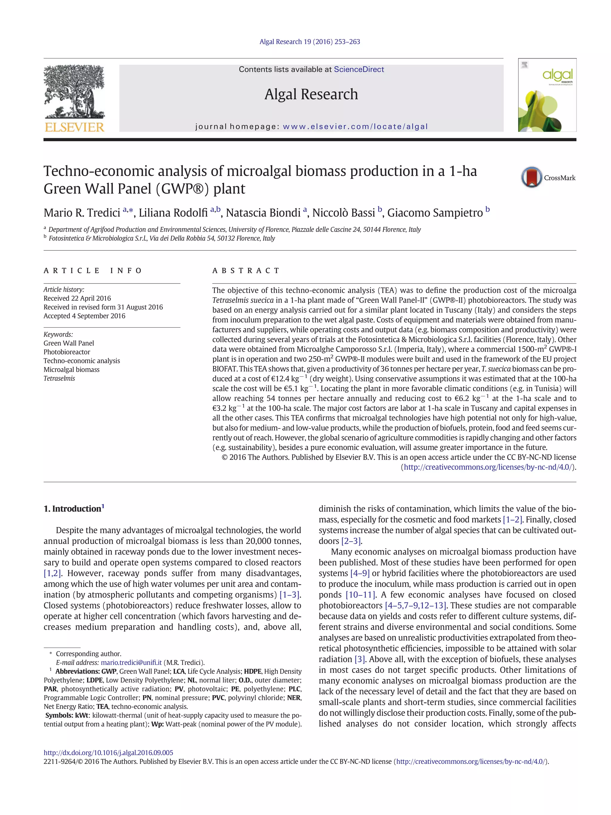 Techno- economics analysis of microalgal biomass production in a 1 ha green Wall Panel (GWP ...