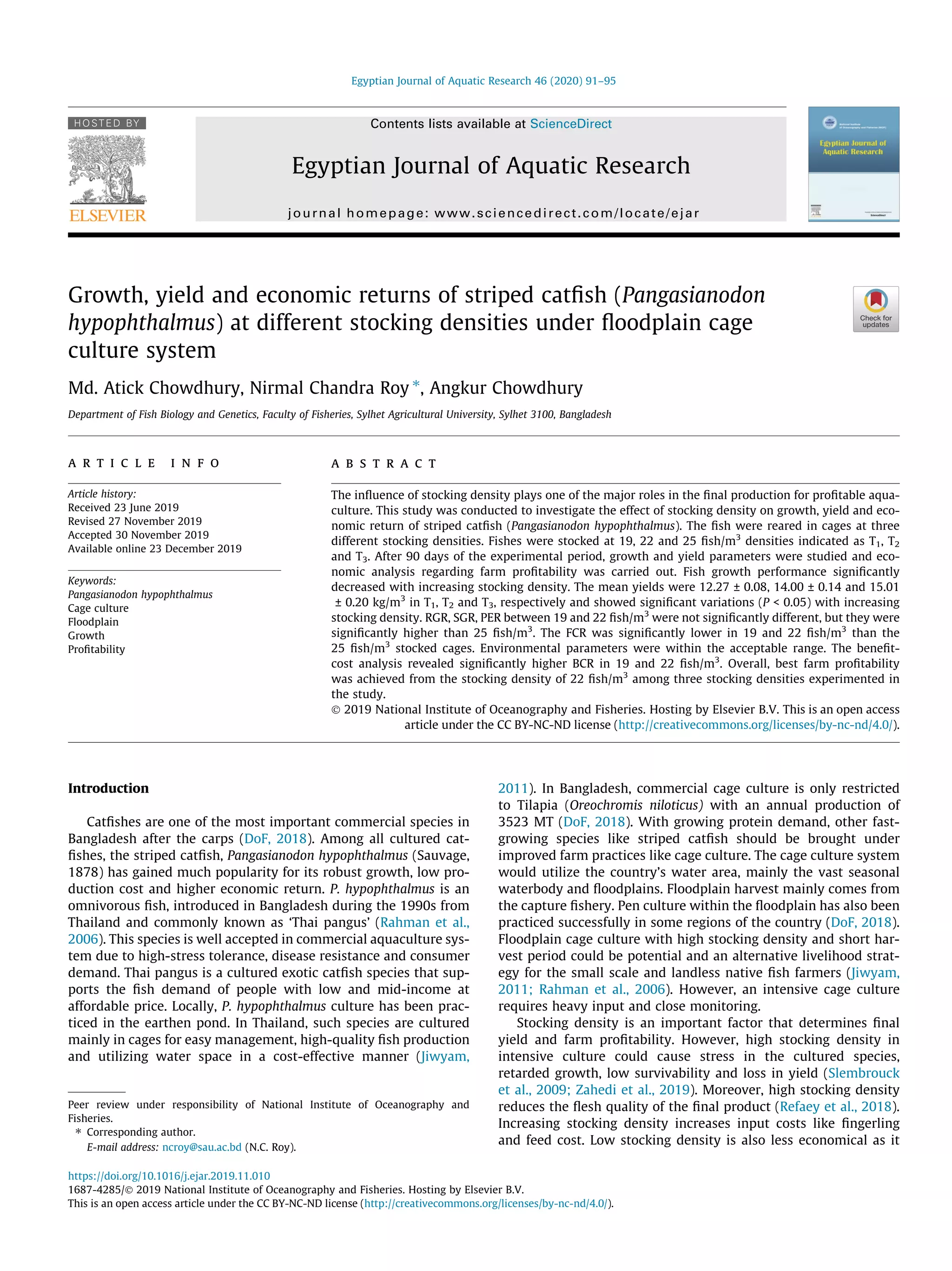 Growth, yield and economic returns of striped catfish (Pangasianodon ...