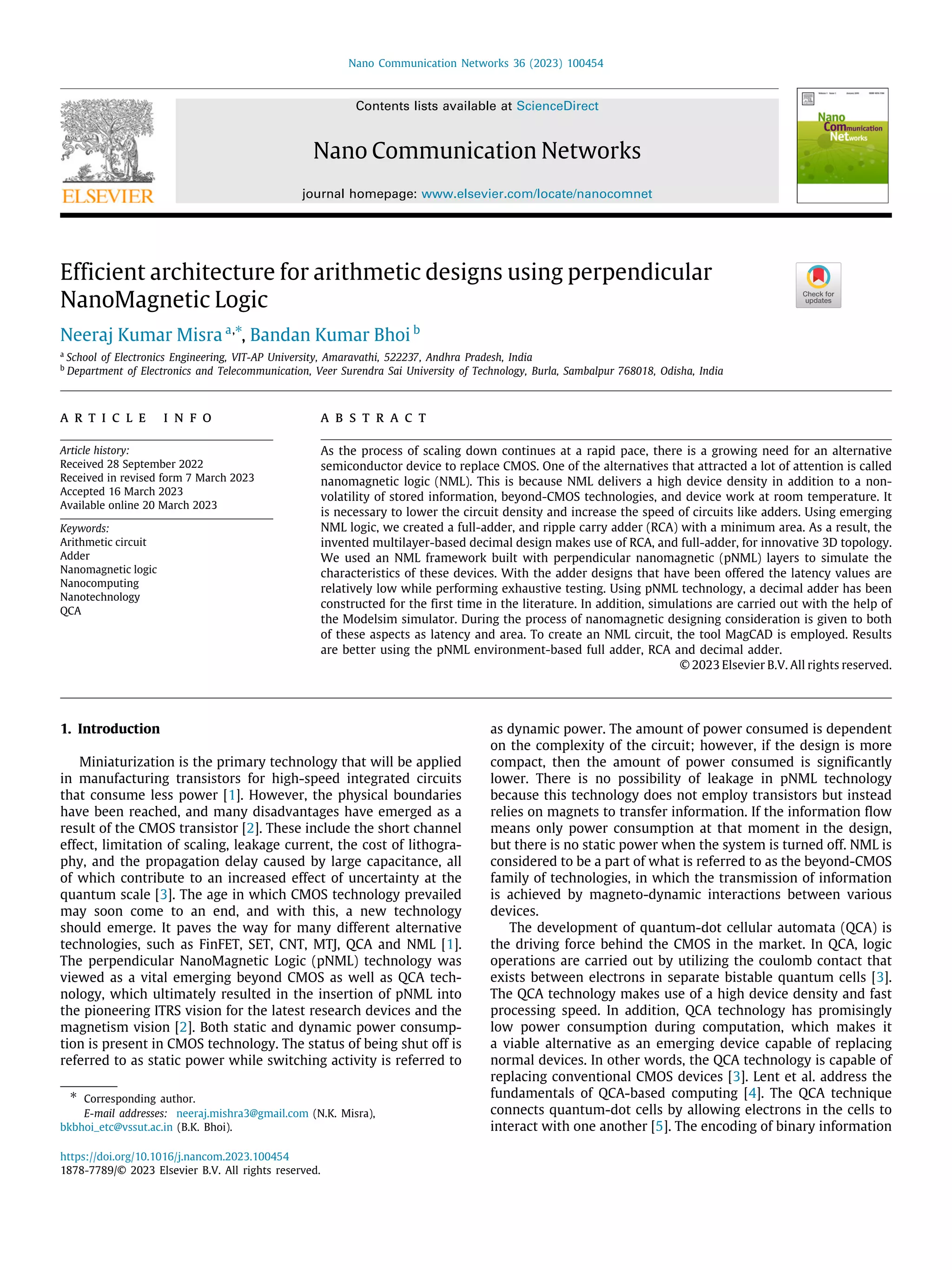 Efficient architecture for arithmetic designs using perpendicular NanoMagnetic Logic | PDF