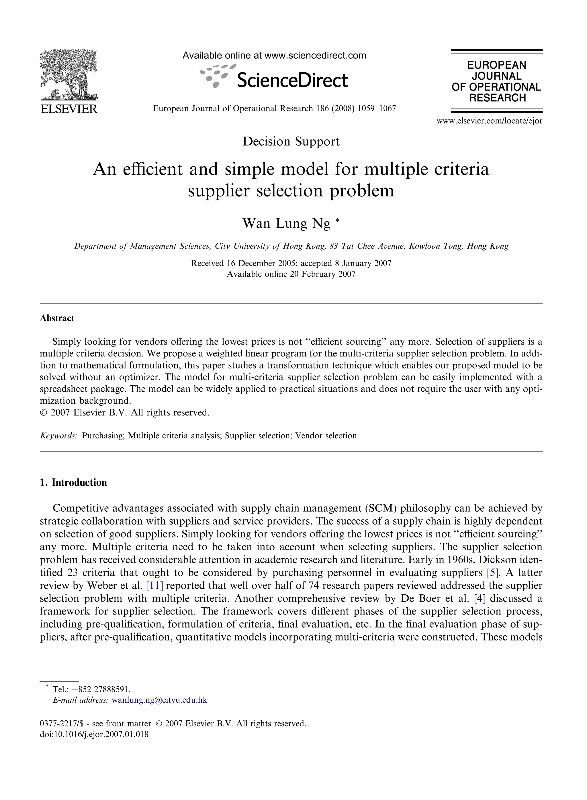 An efficient and simple model for multiple criteria supplier selection ...