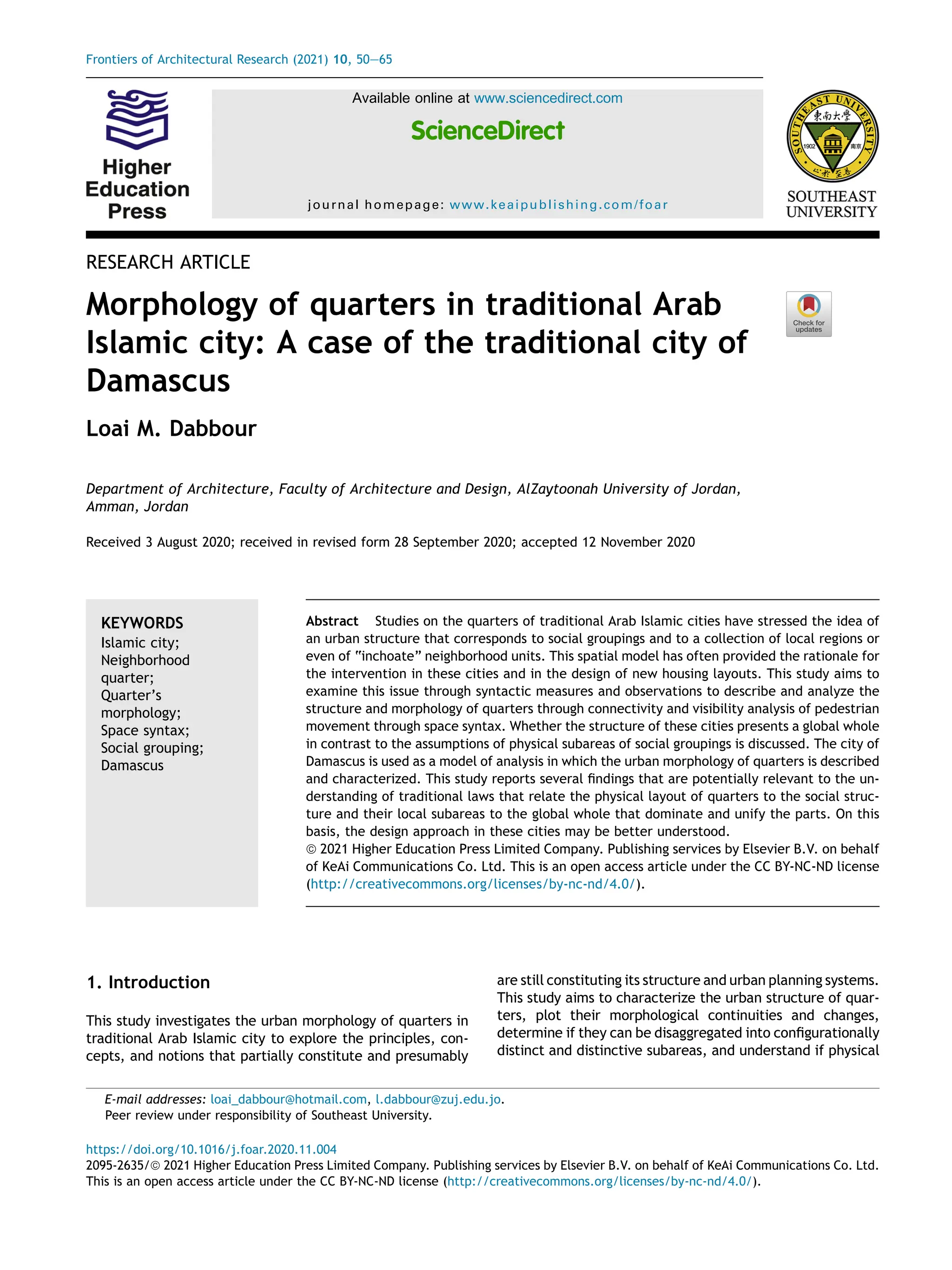 Morphology of quarters in traditional Arab Islamic city: A case of the ...
