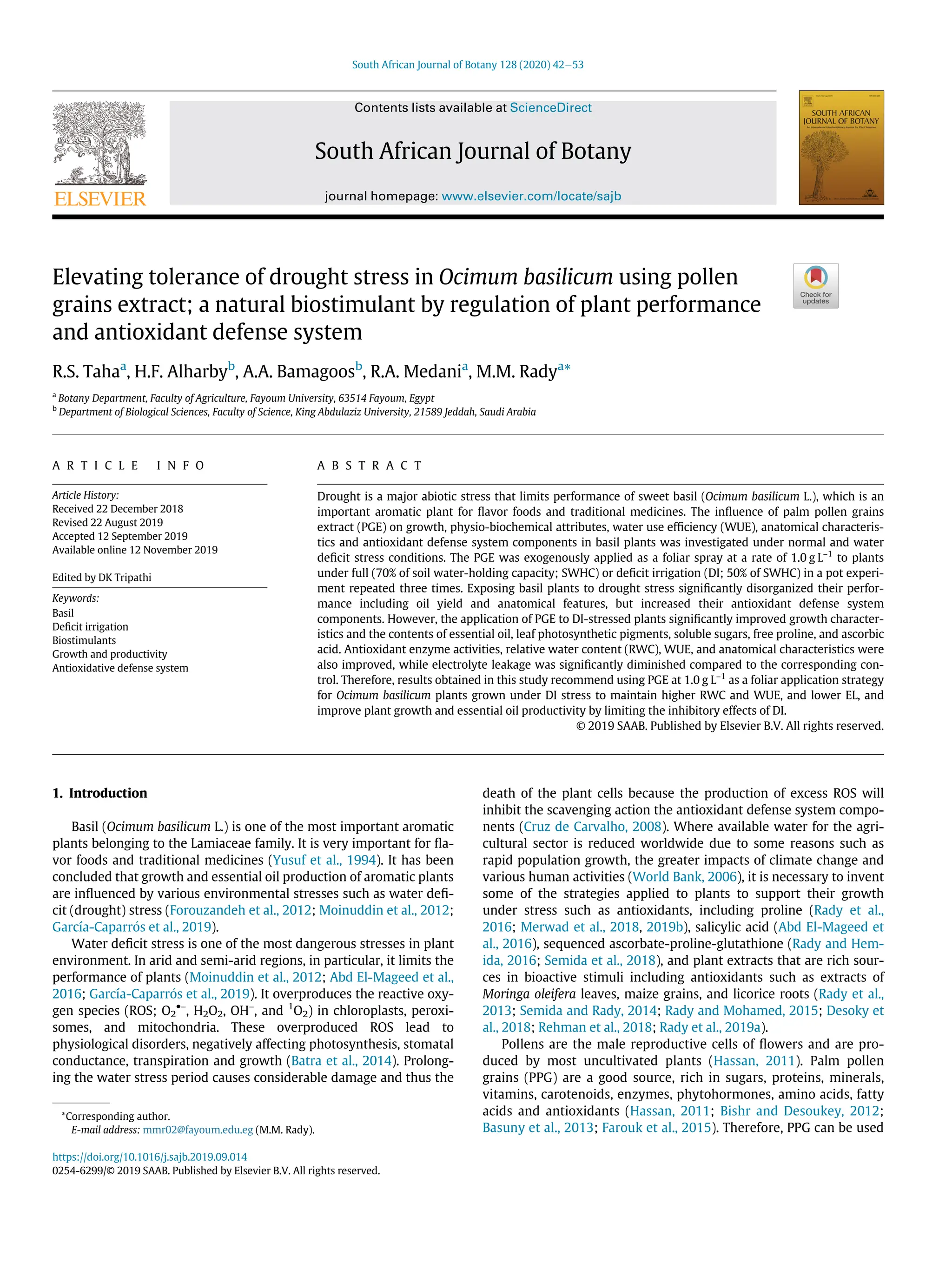 Elevating tolerance of drought stress in Ocimum basilicum using pollen ...