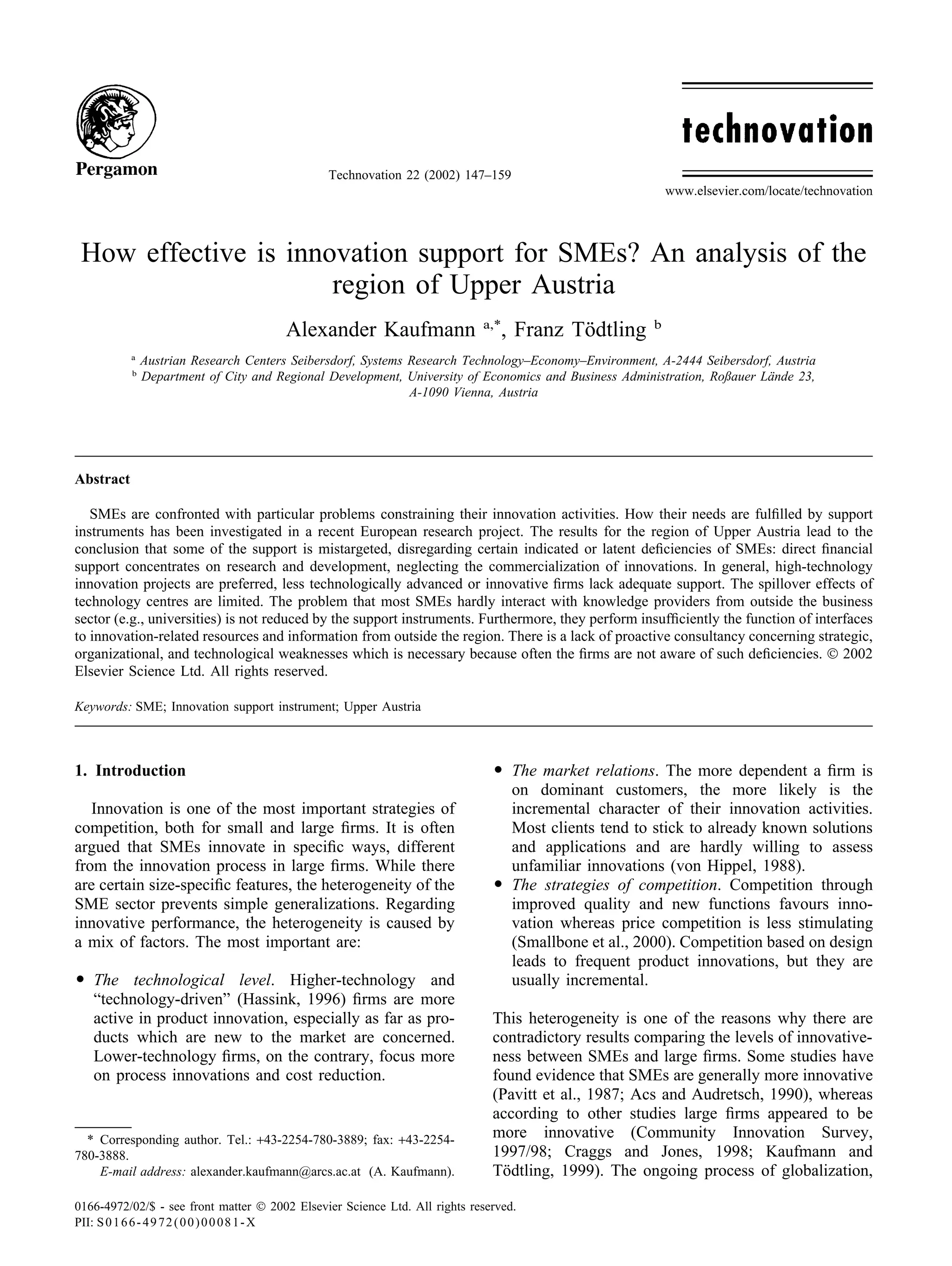 How effective is innovation support for SMEs? An analysis of the region of Upper Austria | PDF