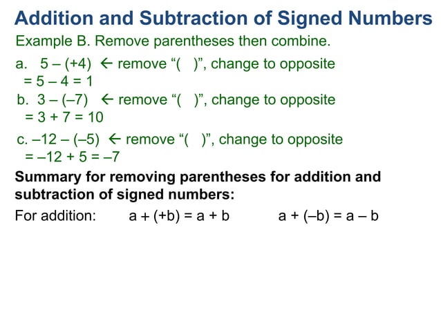 1 S2 Addition And Subtraction Of Signed Numbers Ppt