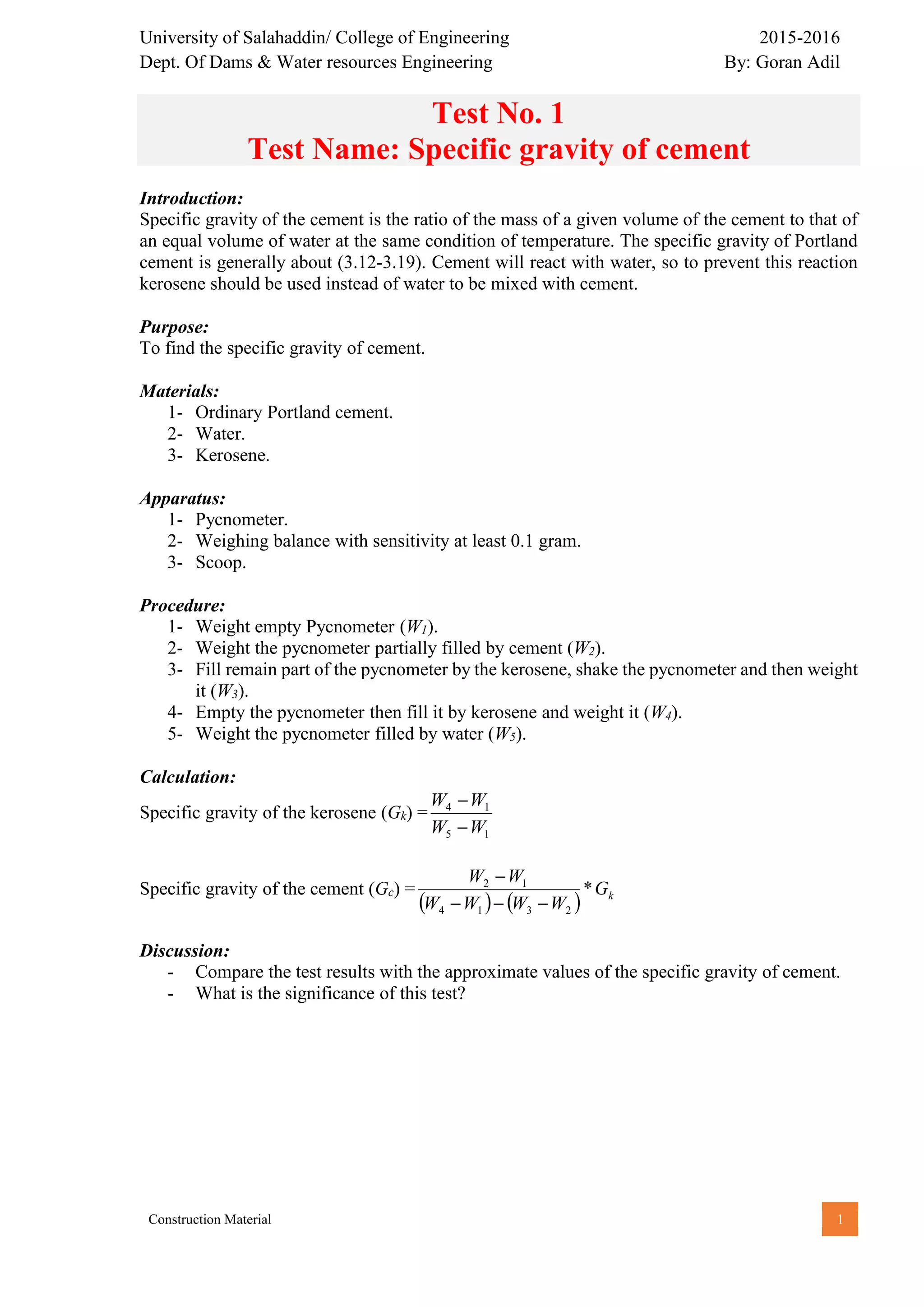 1 specific gravity of cement | PDF