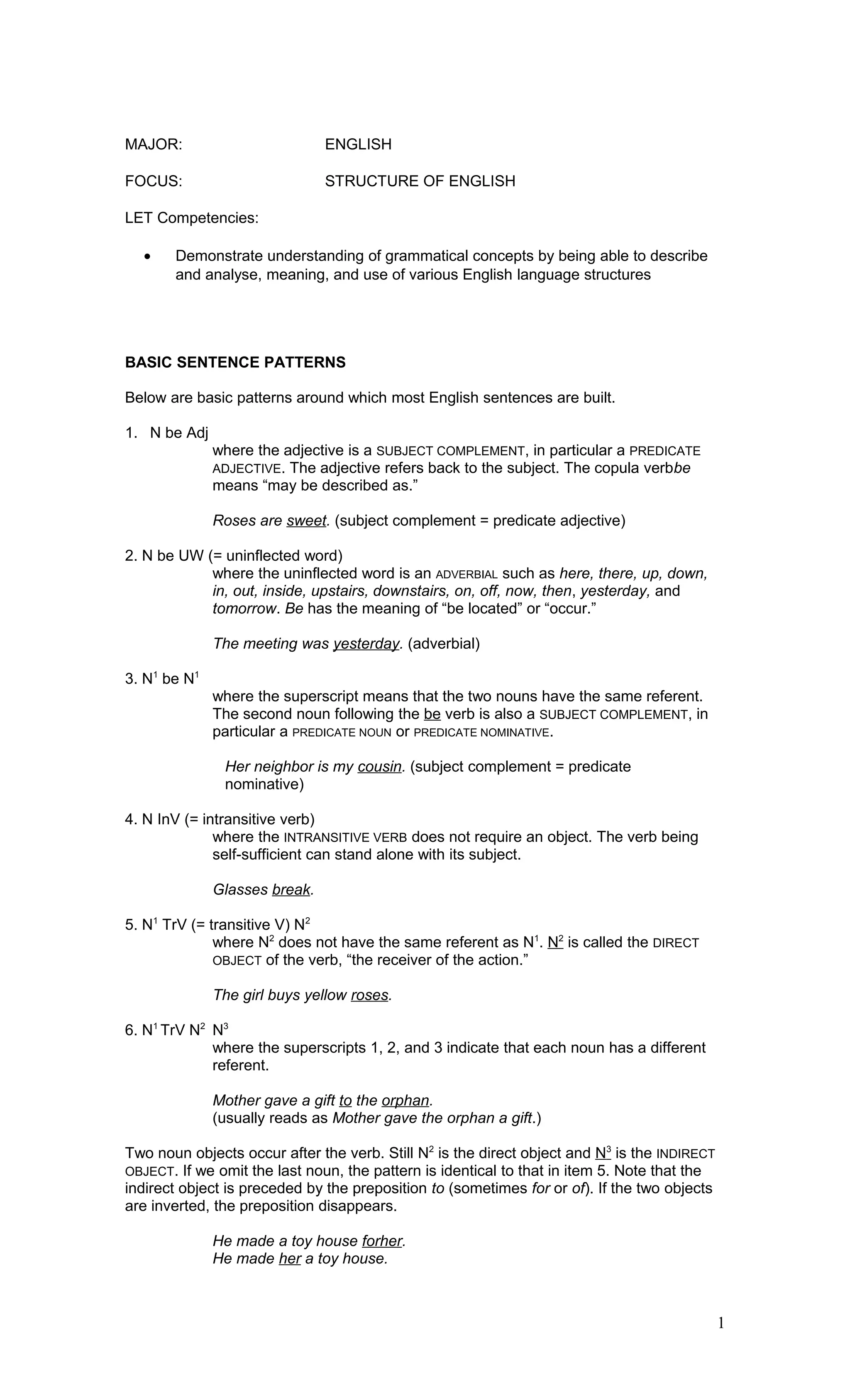 Structure-Of-Englısh basic Sentence Patterns | PDF