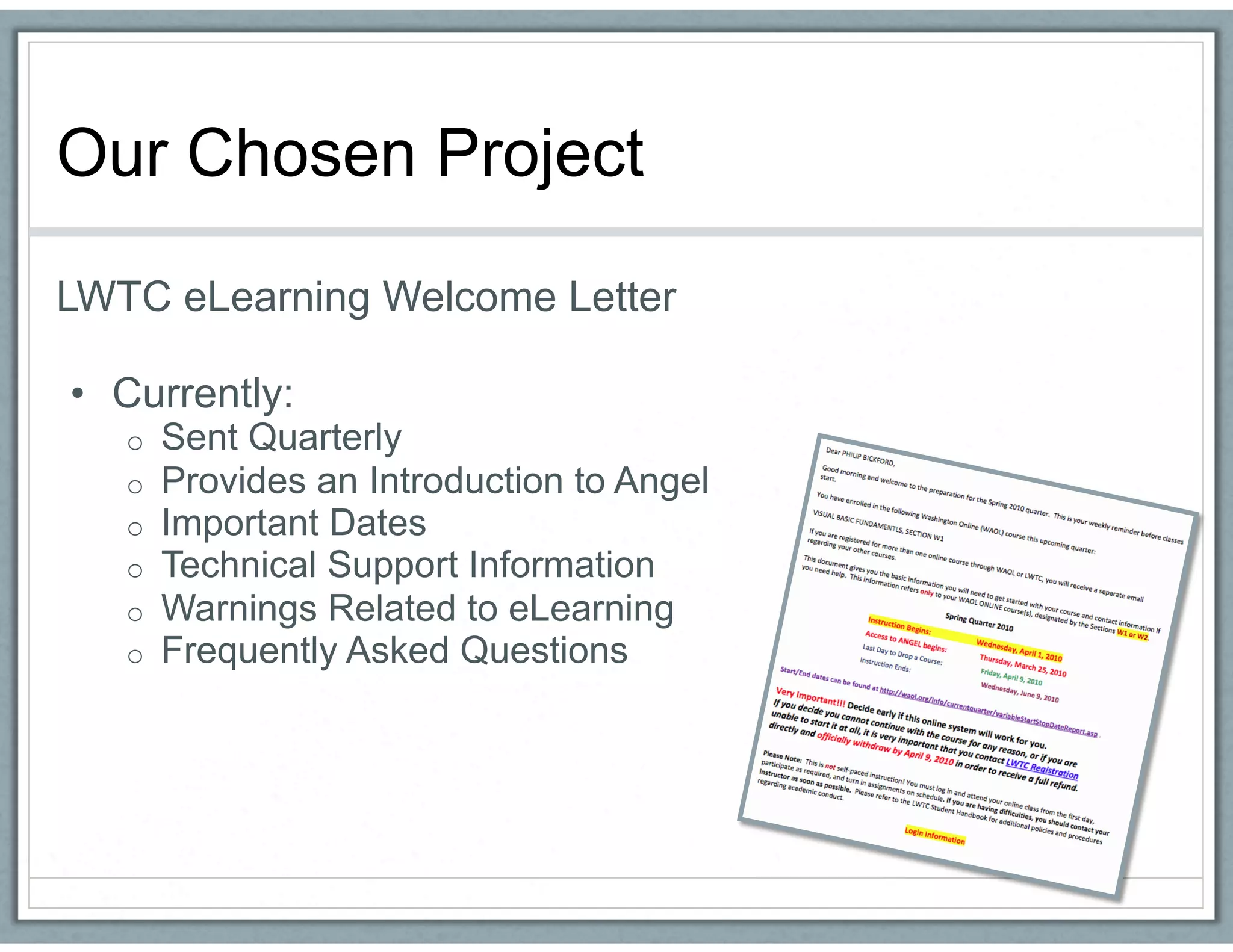 LWIT BTAD: eLearning Orientation - Project Pitch | PDF | Email | Internet