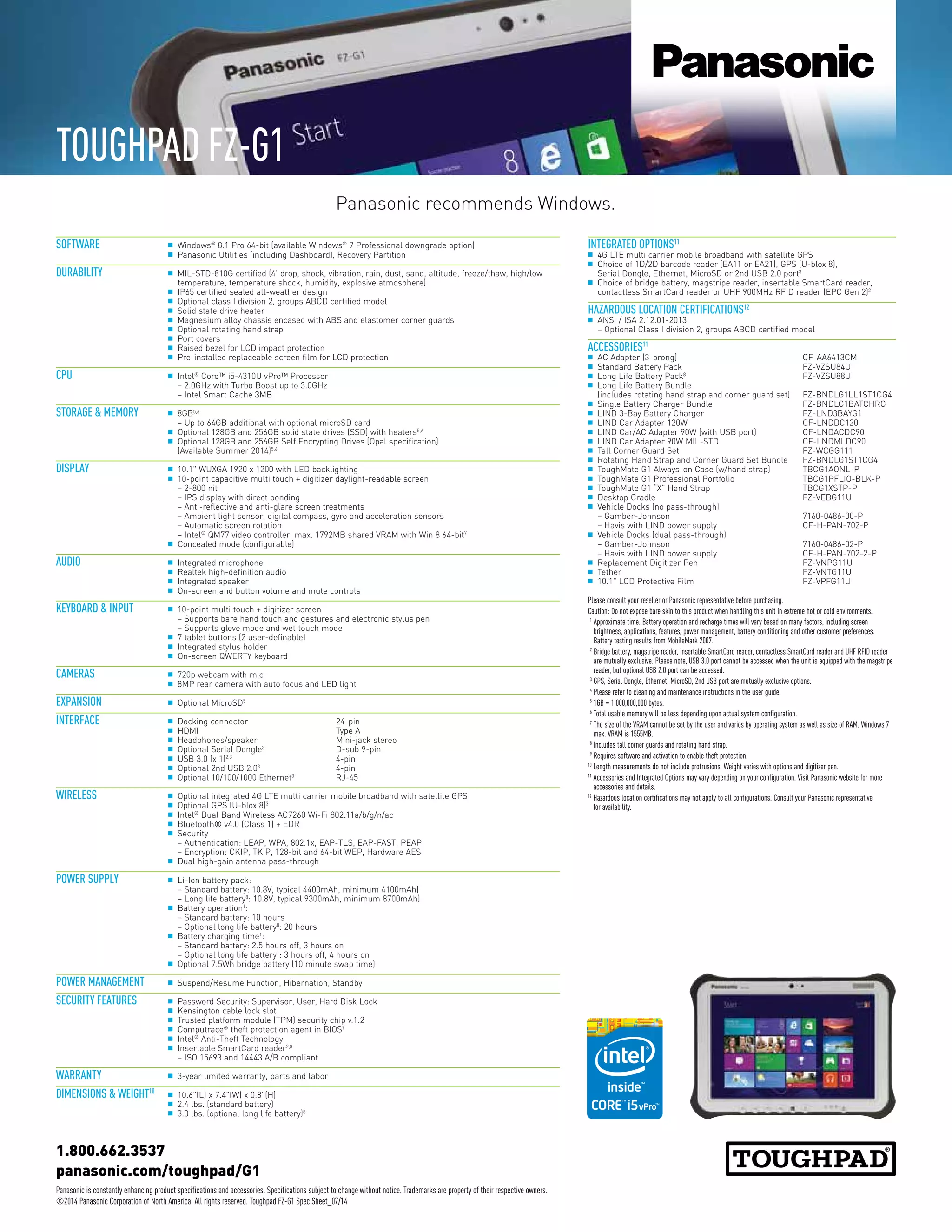 Toughpad Panasonic FZG1 - specsheet | PDF