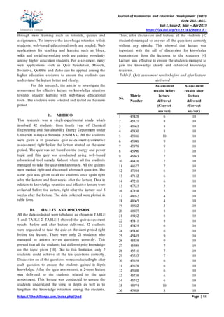 Assessment for Effective Lecture on Knowledge Retention towards Student Learning with Web-based ...