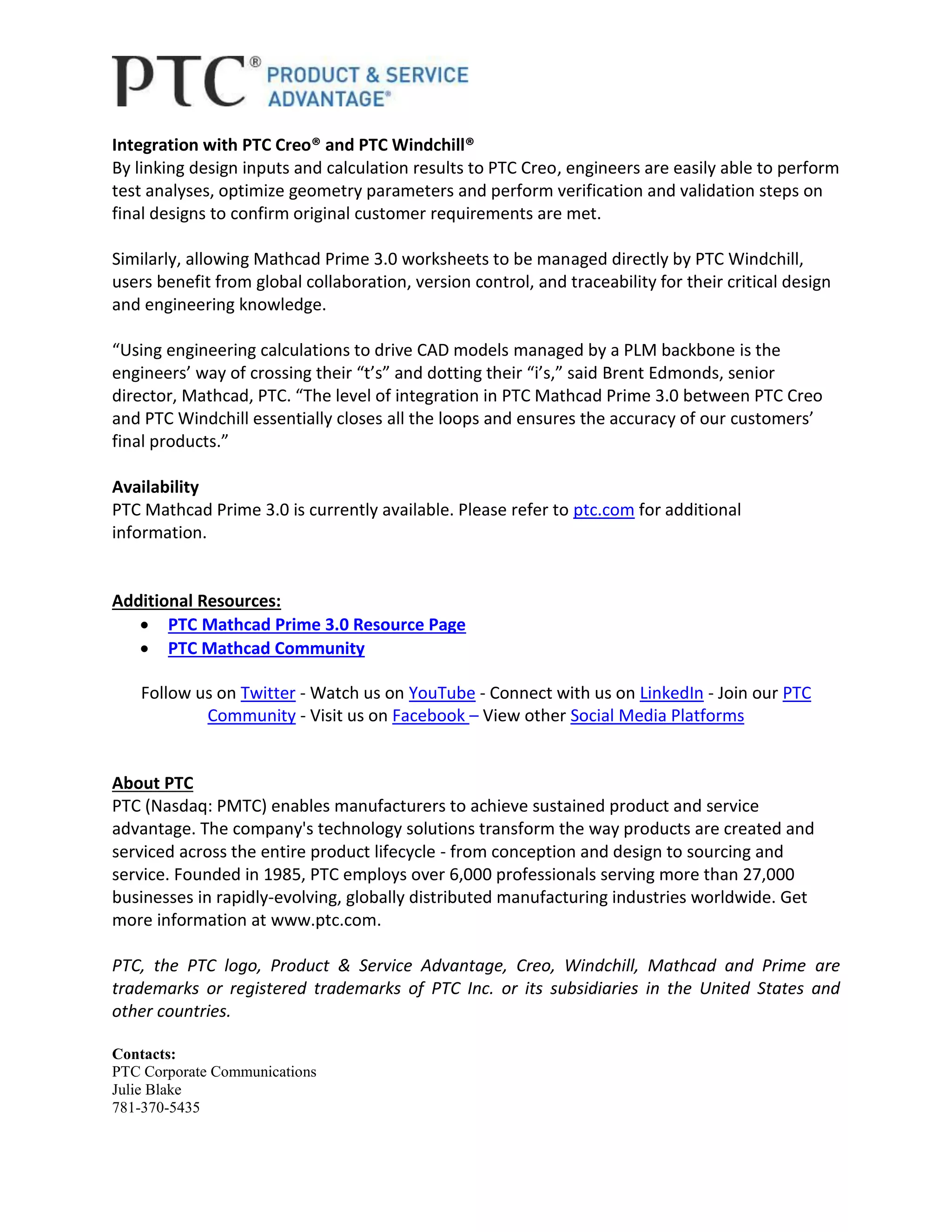 PTC Introduces PTC Mathcad® Prime™ 3.0; Supports the Most Advanced ...