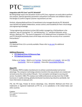 PTC Introduces PTC Mathcad® Prime™ 3.0; Supports the Most Advanced ...