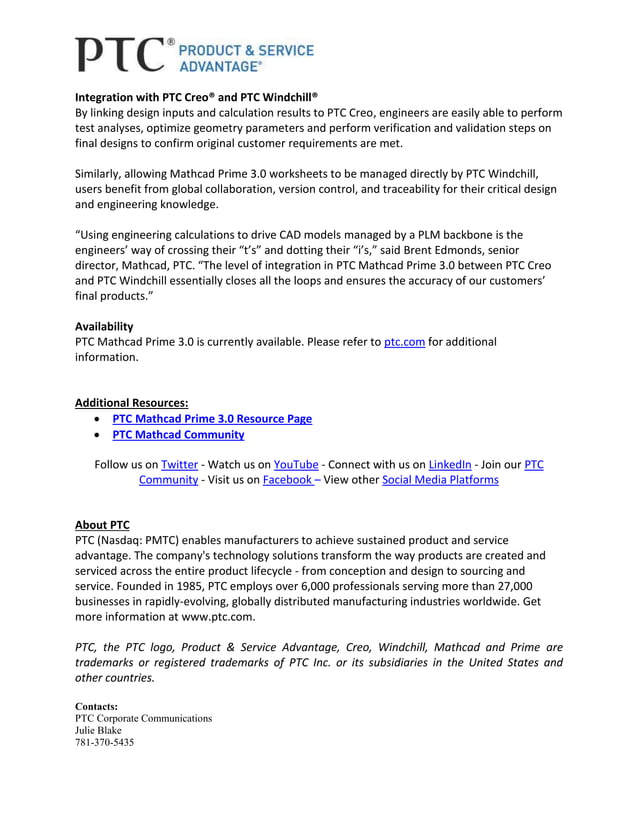 PTC Introduces PTC Mathcad® Prime™ 3.0; Supports the Most Advanced ...