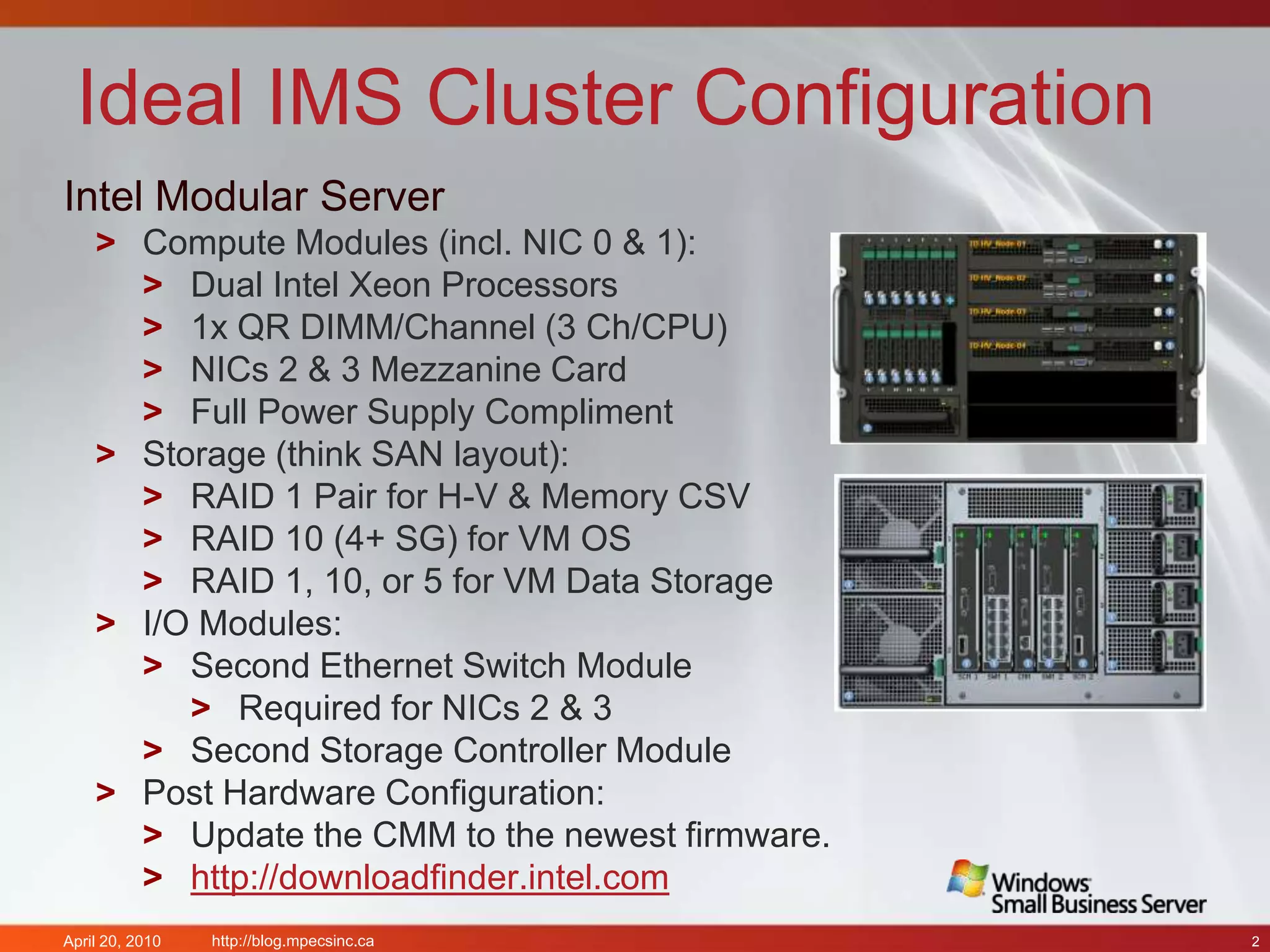 10 04-20 Clustering SBS with Hyper-V Server 2008 r2 on the Intel Modular Server | PPTX