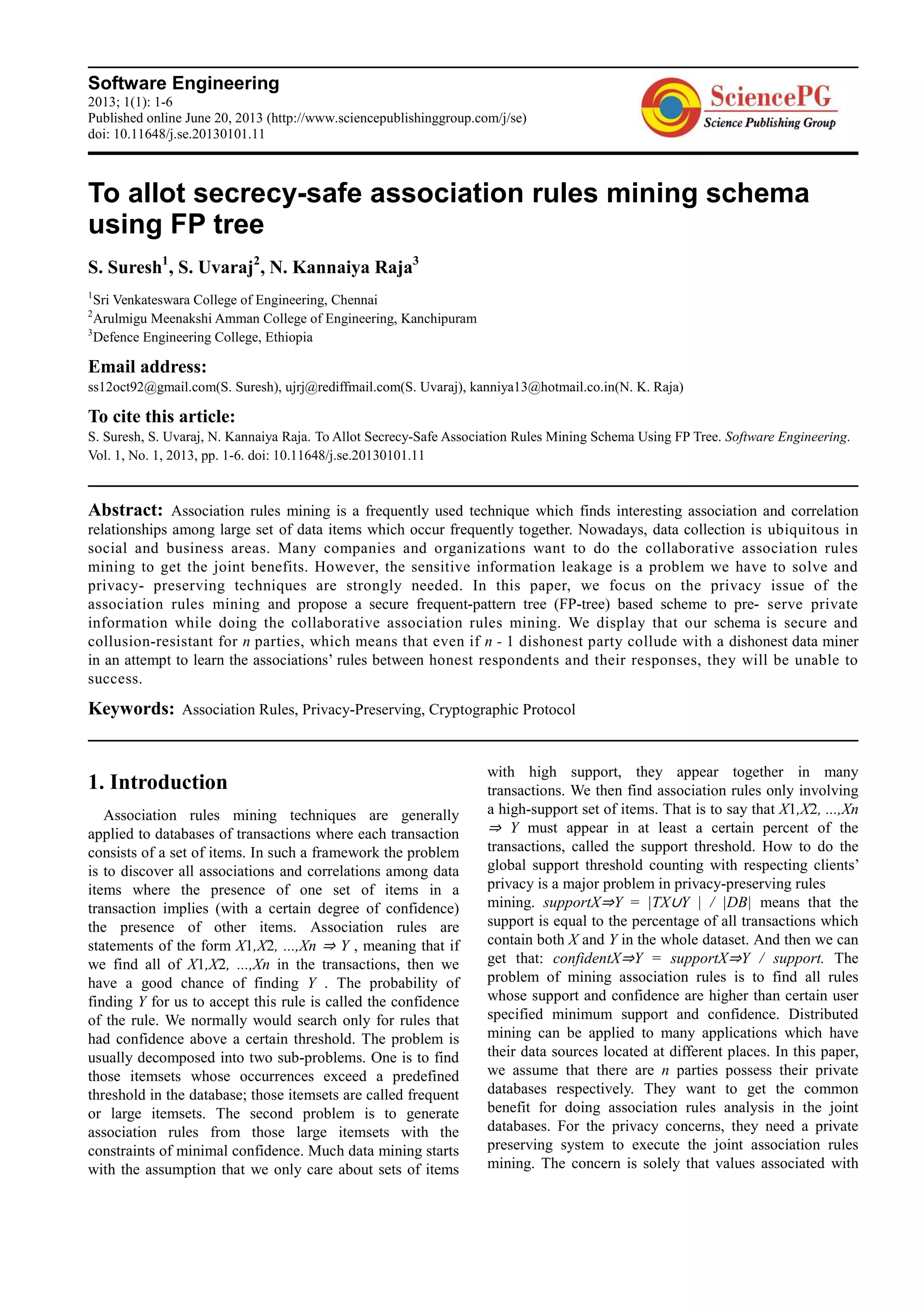 To allot secrecy-safe association rules mining schema using FP tree | PDF To allot secrecy-safe association rules mining schema using FP tree | PDF